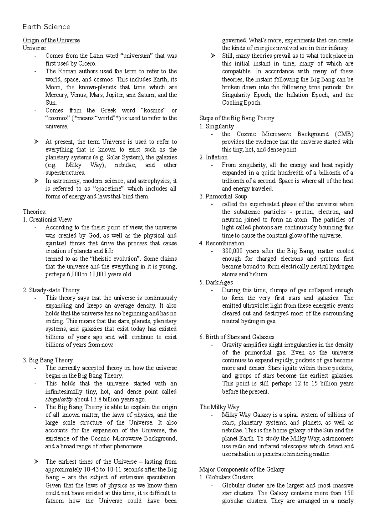 Earth Science Notes and Reviewer - Earth Science Origin of the Universe ...