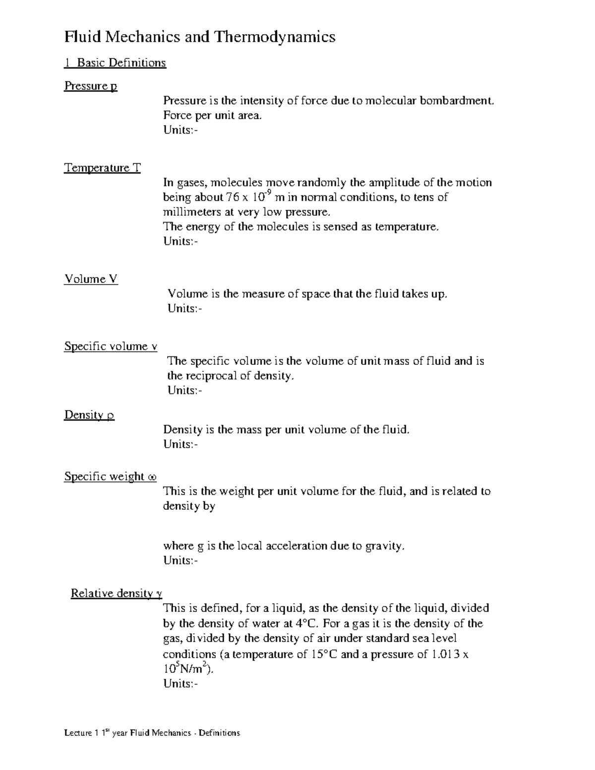 Revision Notes - Basic Definitions - Fluid Mechanics and Thermodynamics ...