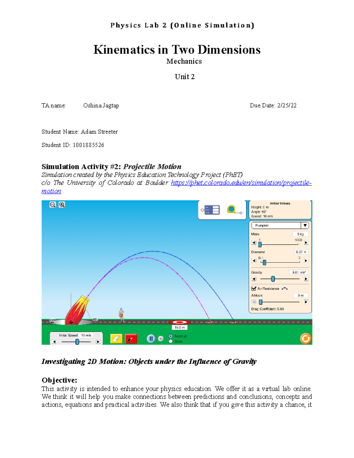 Kinematics 2-D Online lab 2 - Kinematics in Two Dimensions Mechanics ...