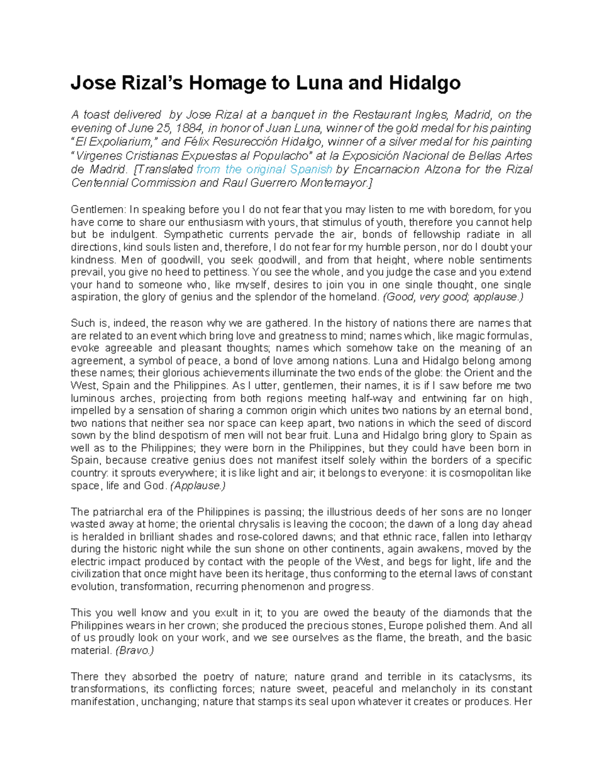 Jose Rizal’s Homage to Luna and Hidalgo - [Translated from the original ...