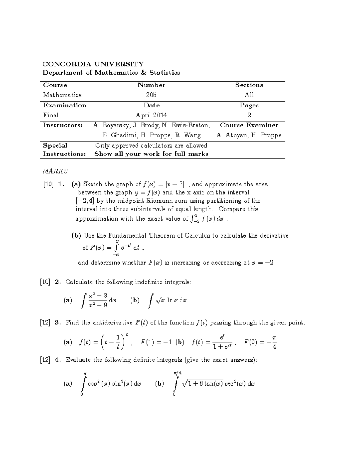 MATH 205 - Final (2014-W) - CONCORDIA UNIVERSITY Department of ...