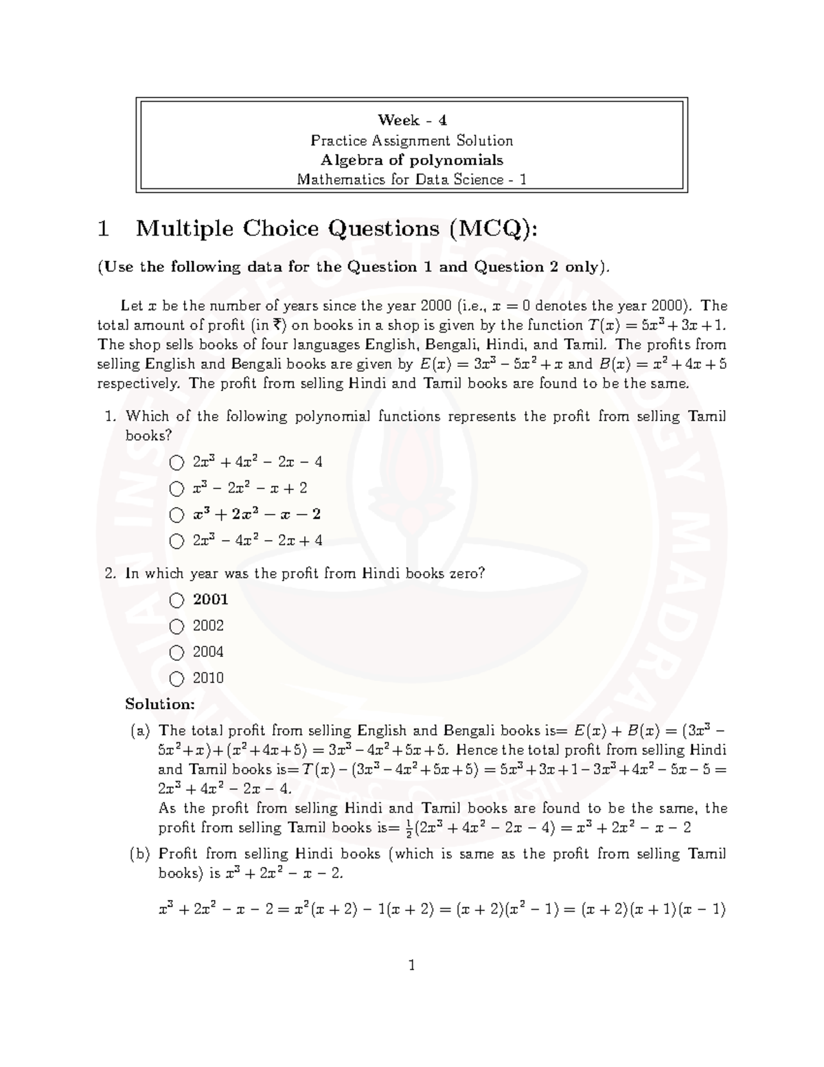 Week 4 Practice Assignment Solution Week 4 Practice Assignment Solution Algebra Of