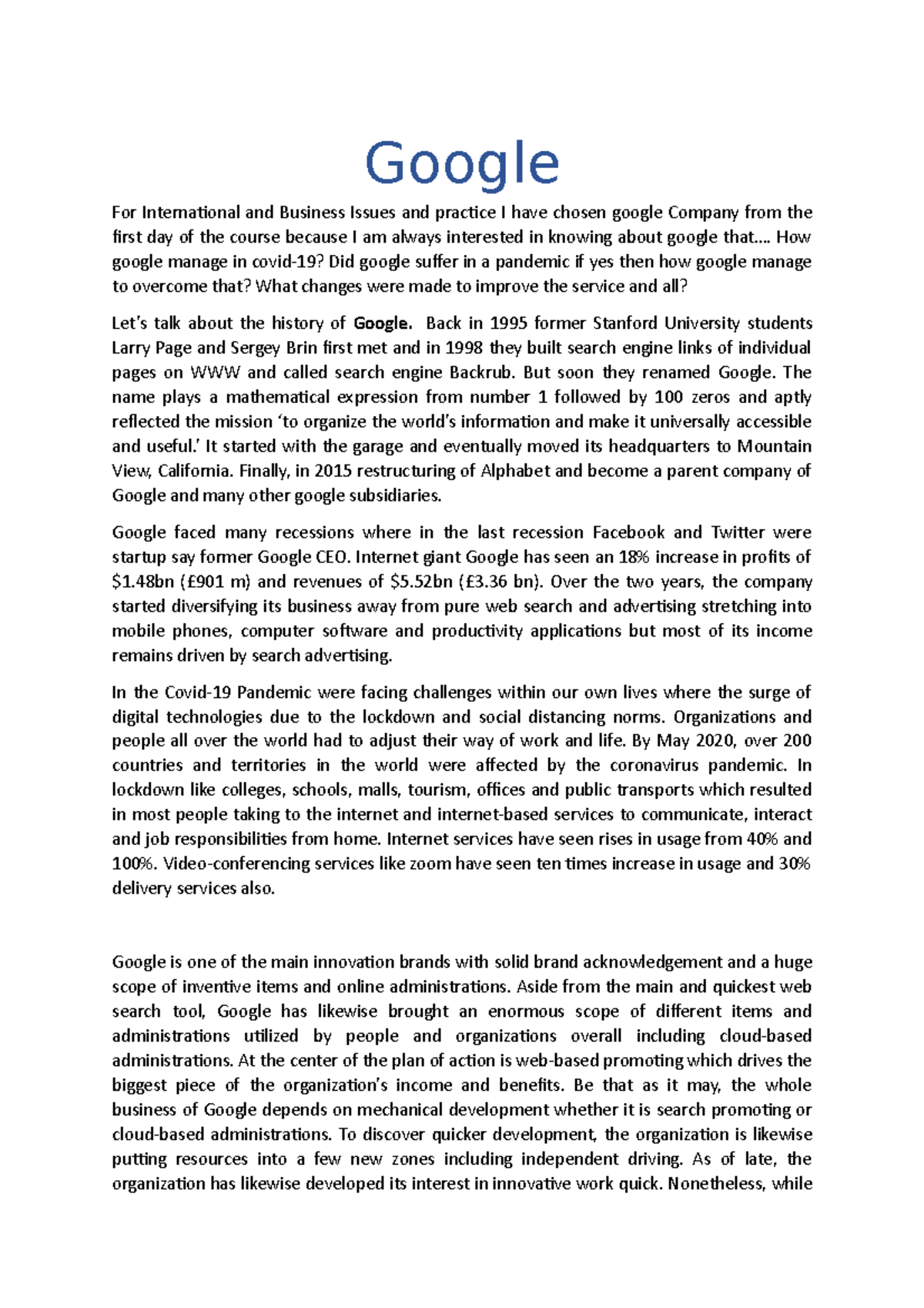 Introduction of organisation of google - Google For International and ...