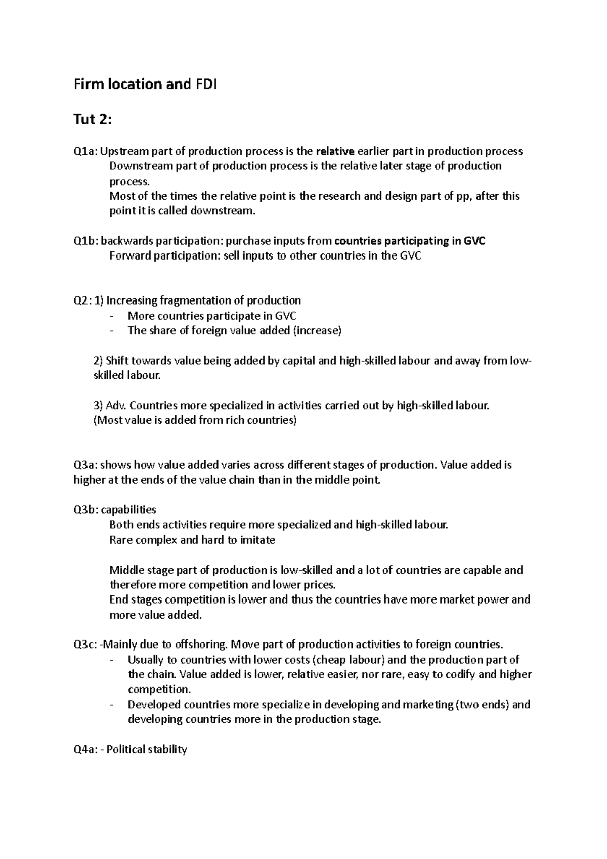 Firm location and FDI tut 2 - Firm location and FDI Tut 2: Q1a: Upstream part of production ...