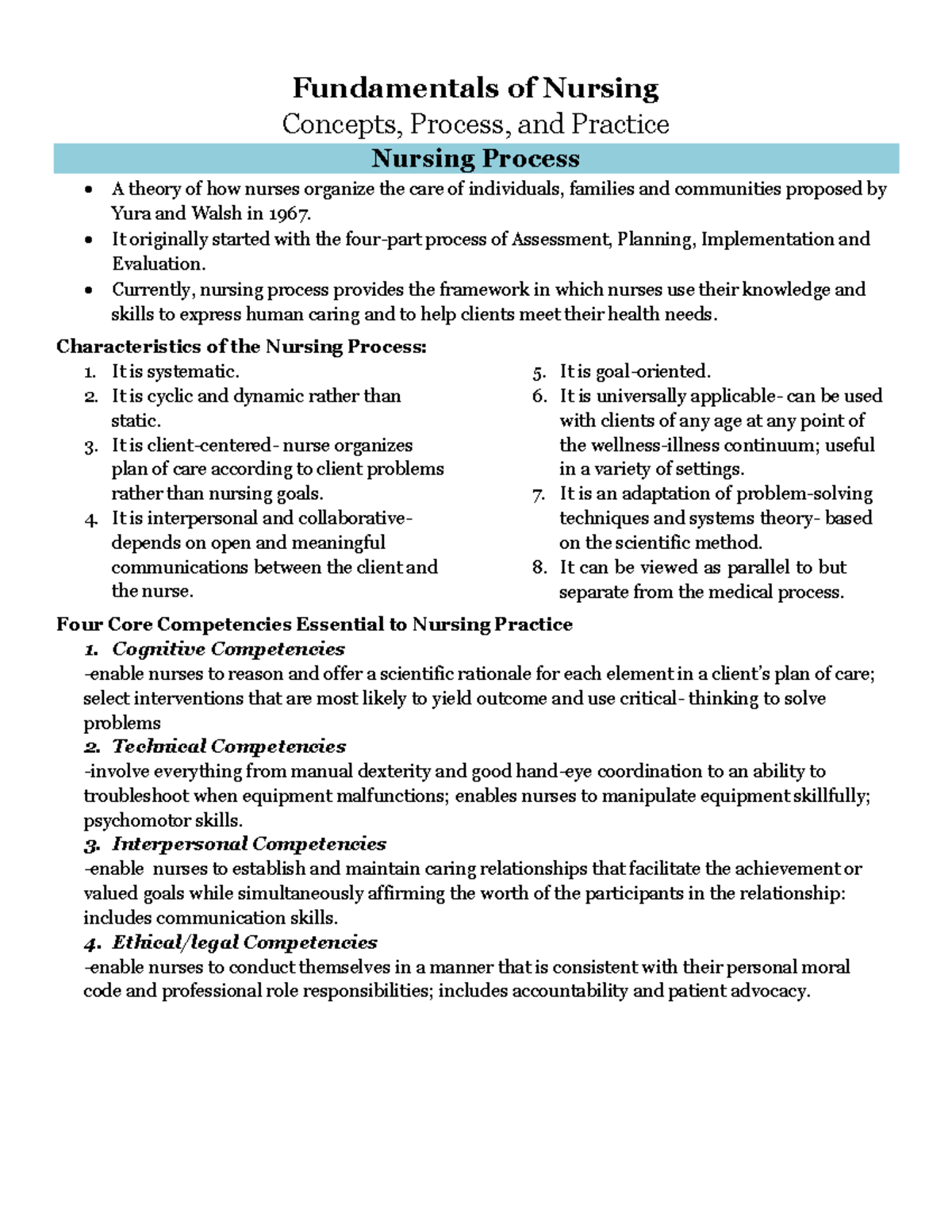 Concepts, Practice and Process in Nursing Lecture Notes - Bachelor of ...