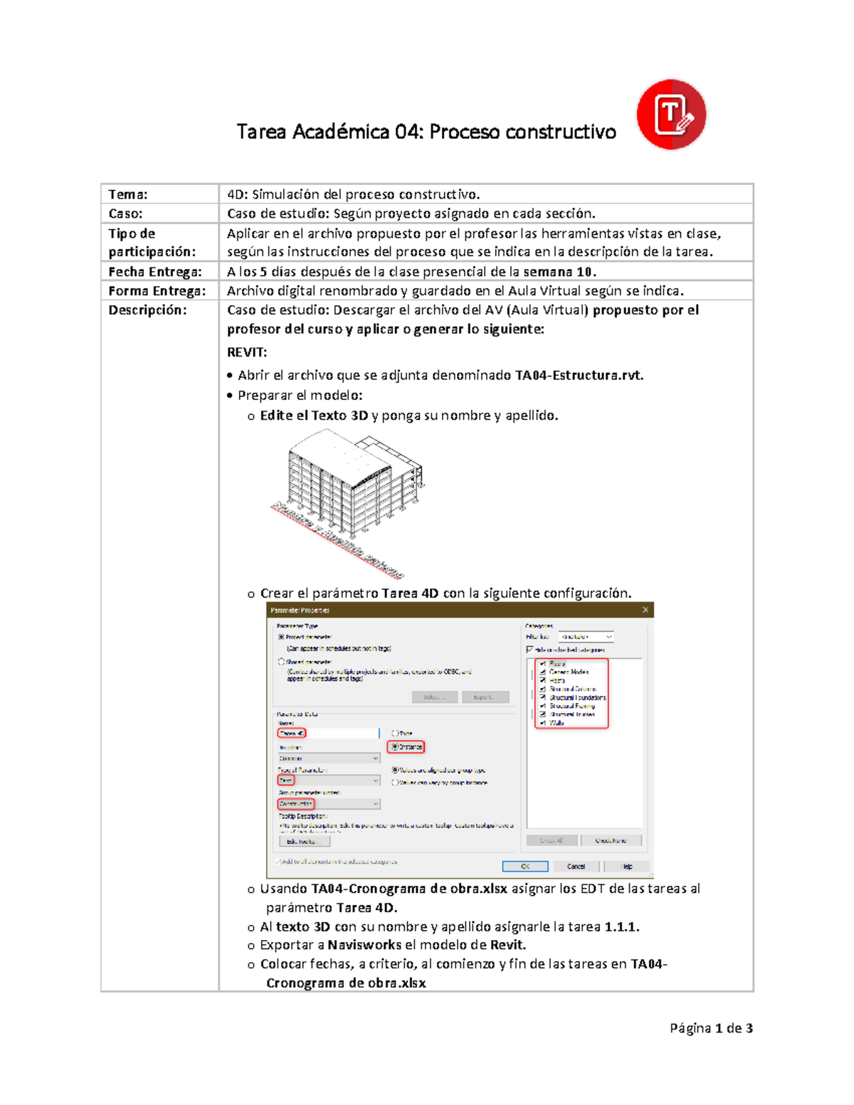 Tarea 04 Semana 10 Revit - Página 1 de 3 Tarea Académica 0 4 : Proceso constructivo Tema: 4D ...