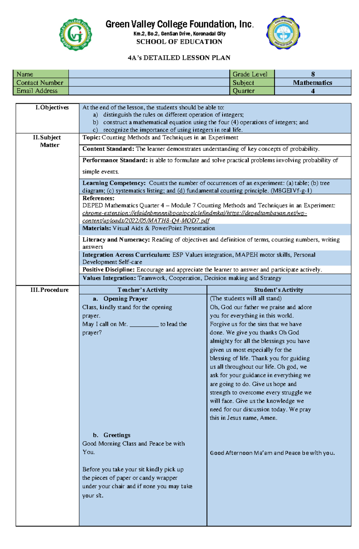 Sample 4A's Lesson plan - Green Valley College Foundation, Inc. Km, Bo ...