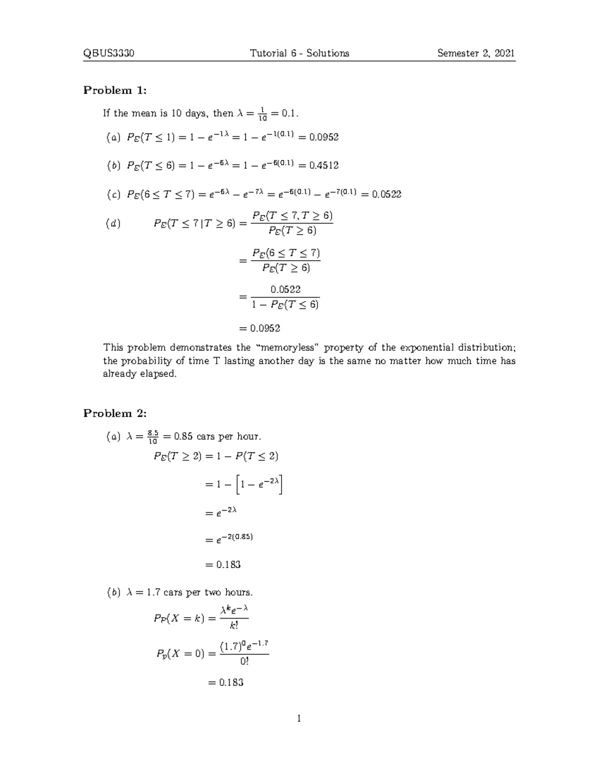 Tutorial 6 week 8 solutions-Tutorial 6 week 8 solutions - QBUS3330 ...