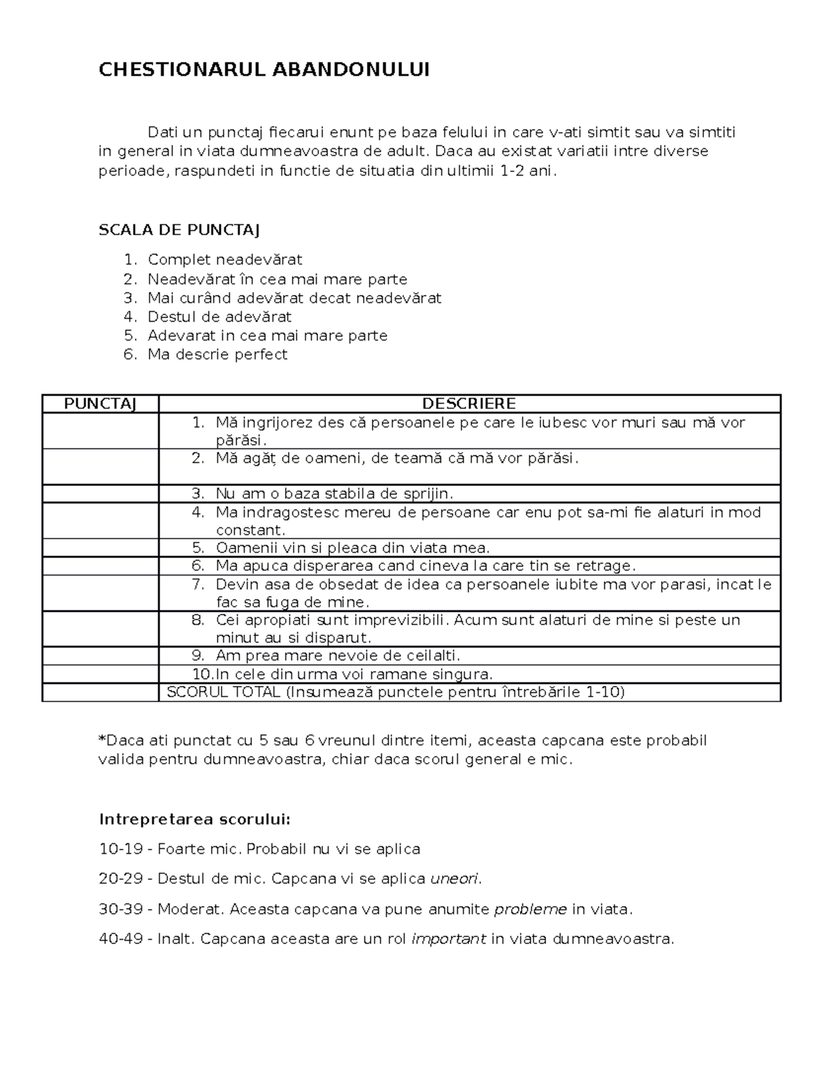 Chestionarul Abandonului - Psihodiagnoza - UniBuc - Studocu