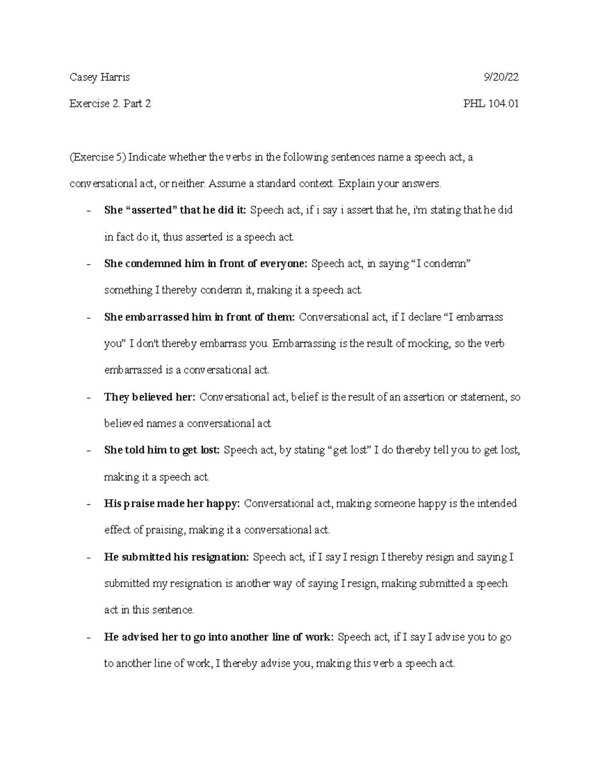Exercise 3 Chapter 2 Casey Harris 9 20 Exercise 2 Part 2 PHL 104