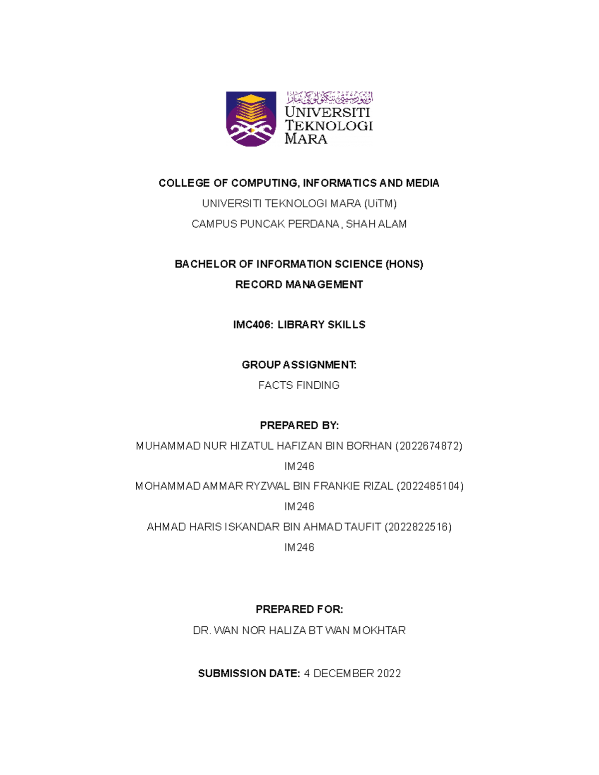 Imc406 Assignment 1 Facts Findings Docx College Of Computing Informatics And Media Universiti 