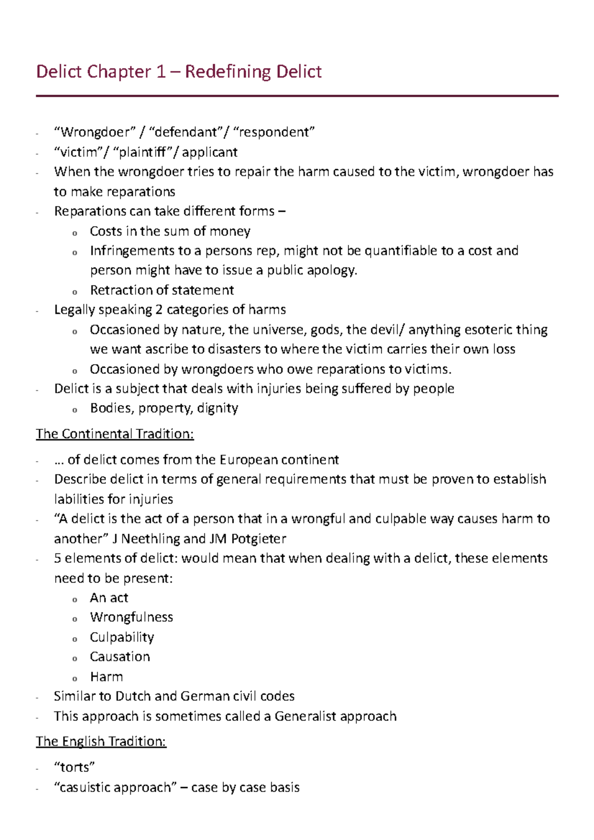 Delict 2023 - book summary - Delict Chapter 1 – Redefining Delict - “Wrongdoer” / “defendant ...