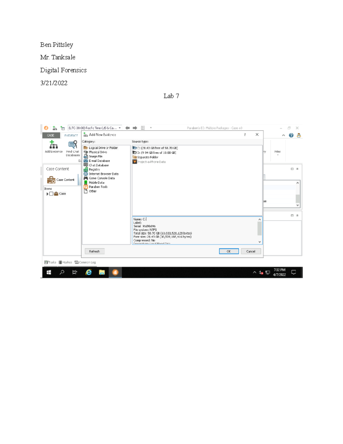 Lab 7 digital foreniscs - CS 249 - Ben Pittsley Mr. Tanksale Digital ...