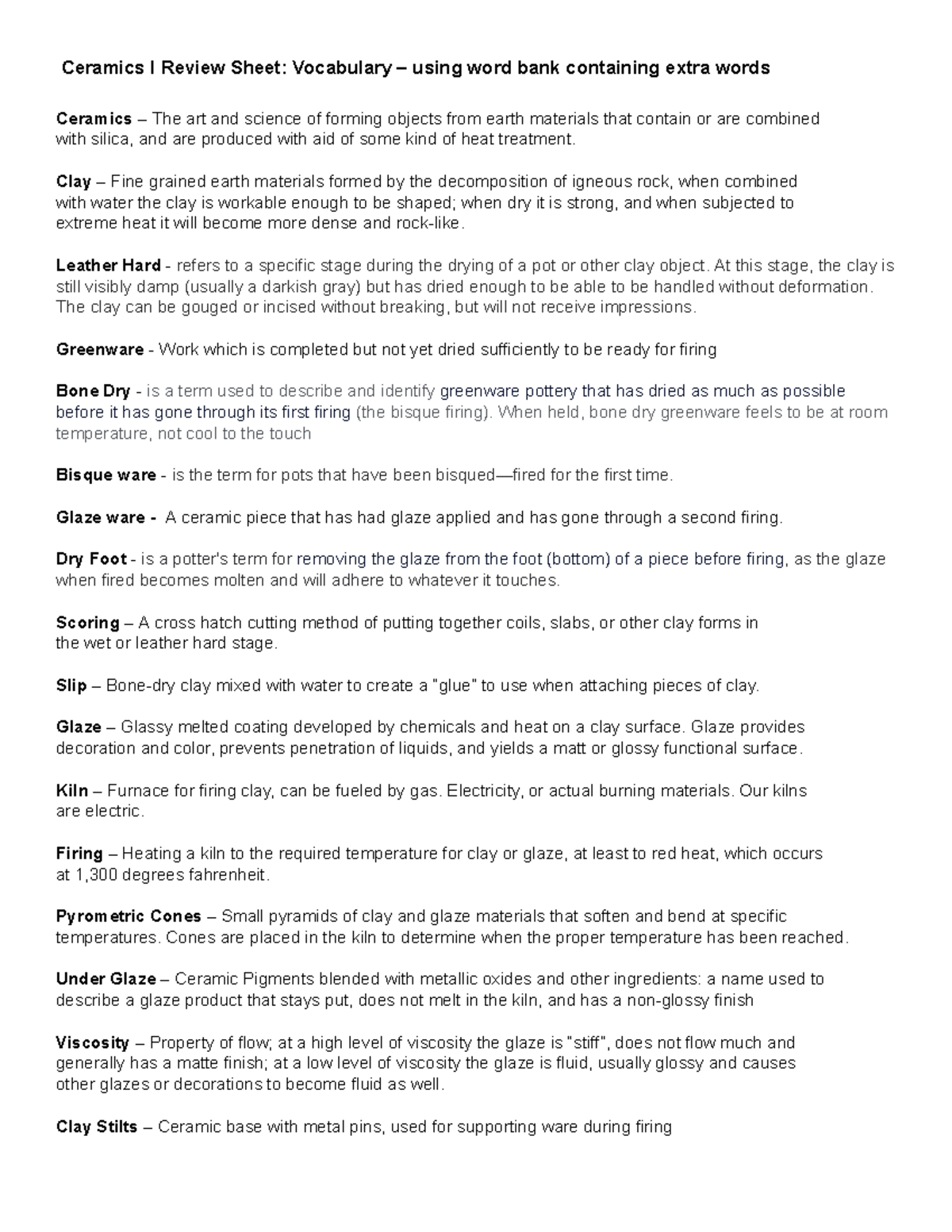 Ceramics I Final Review - Ceramics I Review Sheet: Vocabulary – using ...