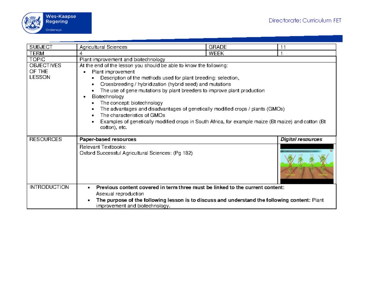 Agricultural Sciences Grade 11 Term 4 Week One - Directorate ...