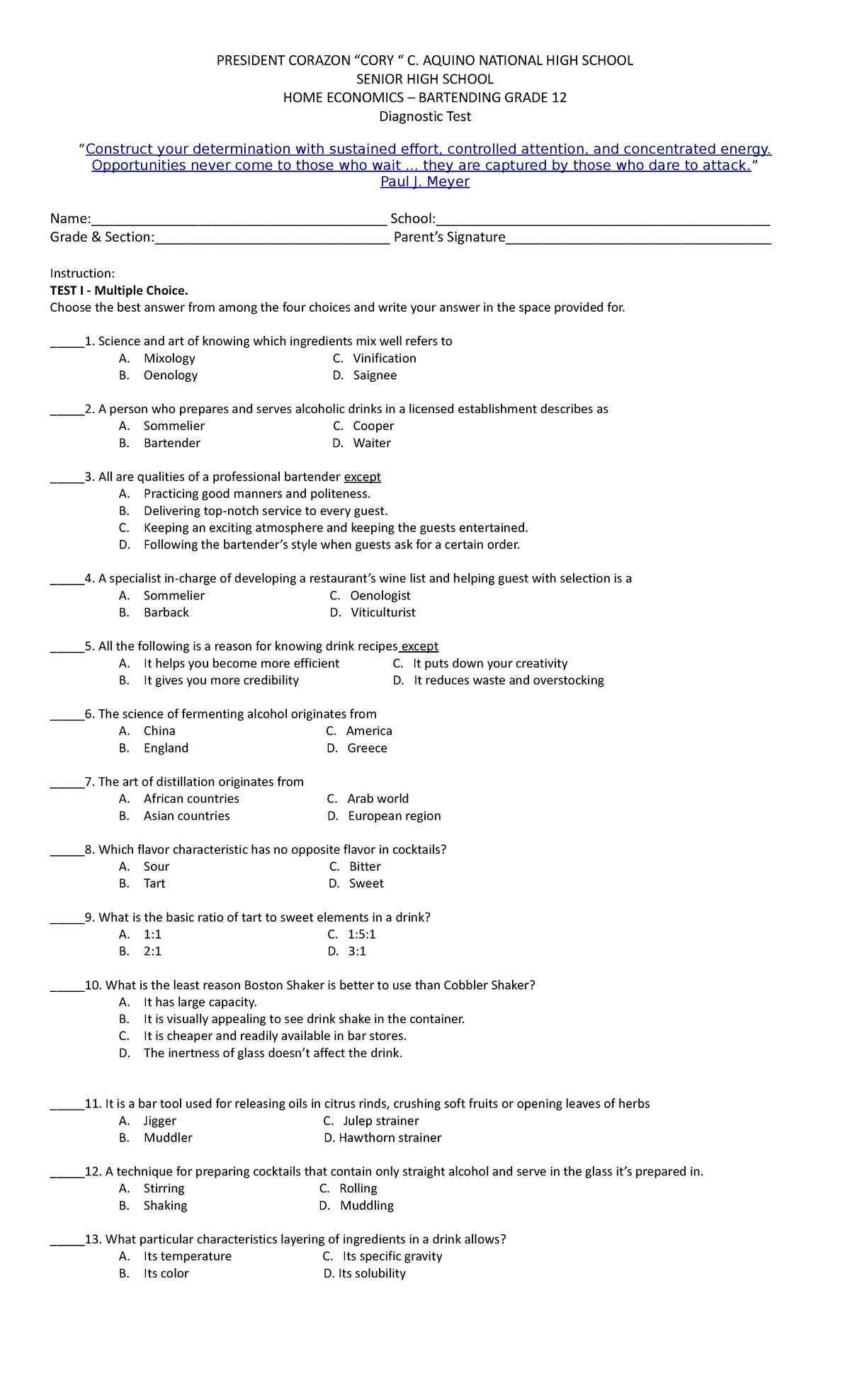 Diagnostic-TEST - Bartending- 12-2021 - PRESIDENT CORAZON “CORY “ C ...