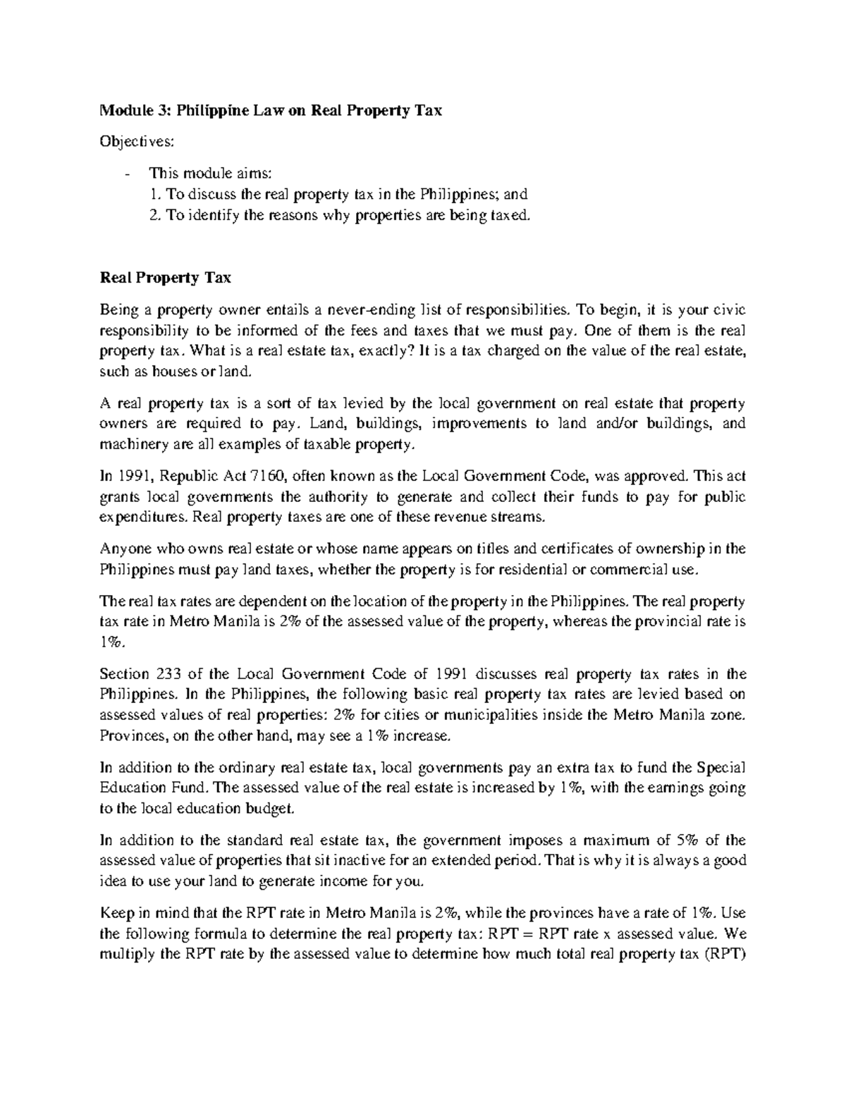P4 - notes - Module 3: Philippine Law on Real Property Tax Objectives ...