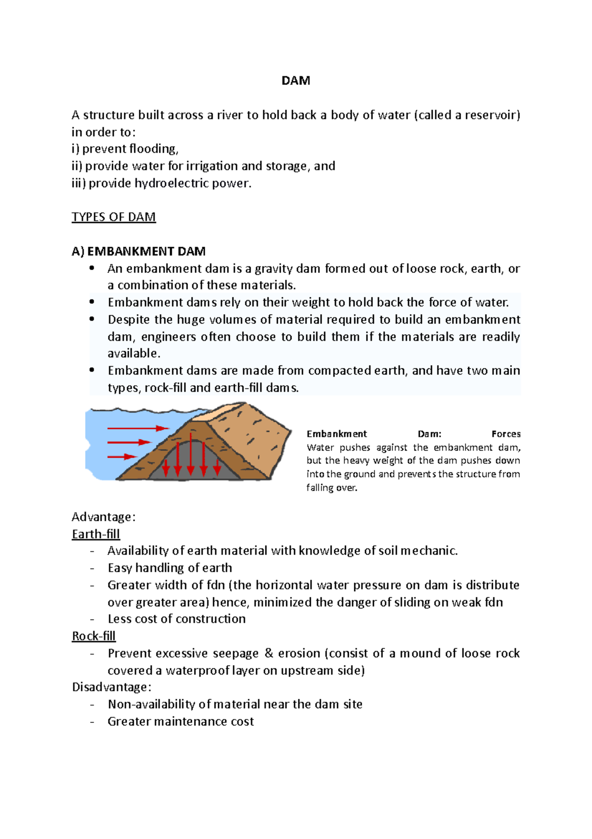 DAM EXAM NOTE - summary on dam topic - DAM A structure built across a ...