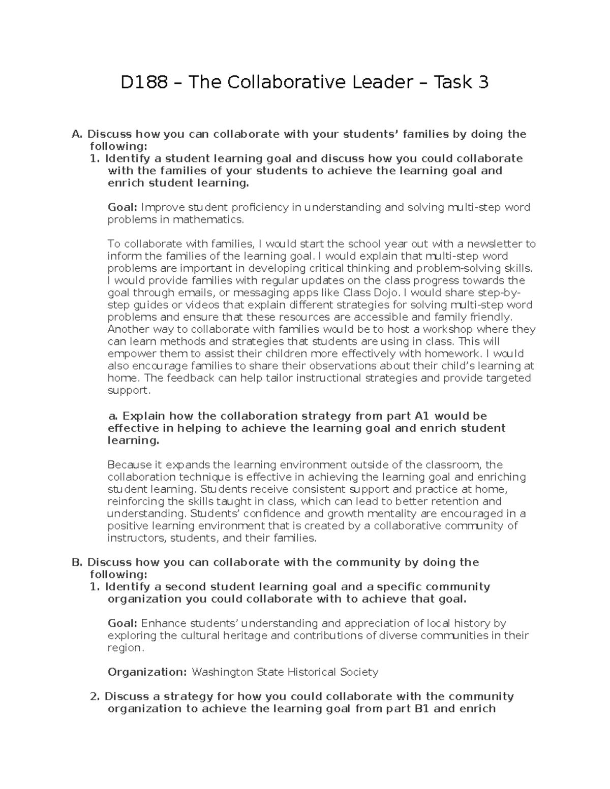 D188 - Task 3 - Passed - D188 – The Collaborative Leader – Task 3 A ...