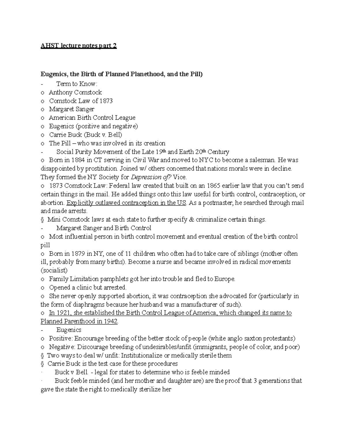 Ahst pt 2 - AHST 201 - AHST lecture notes part 2 Eugenics, the Birth of ...