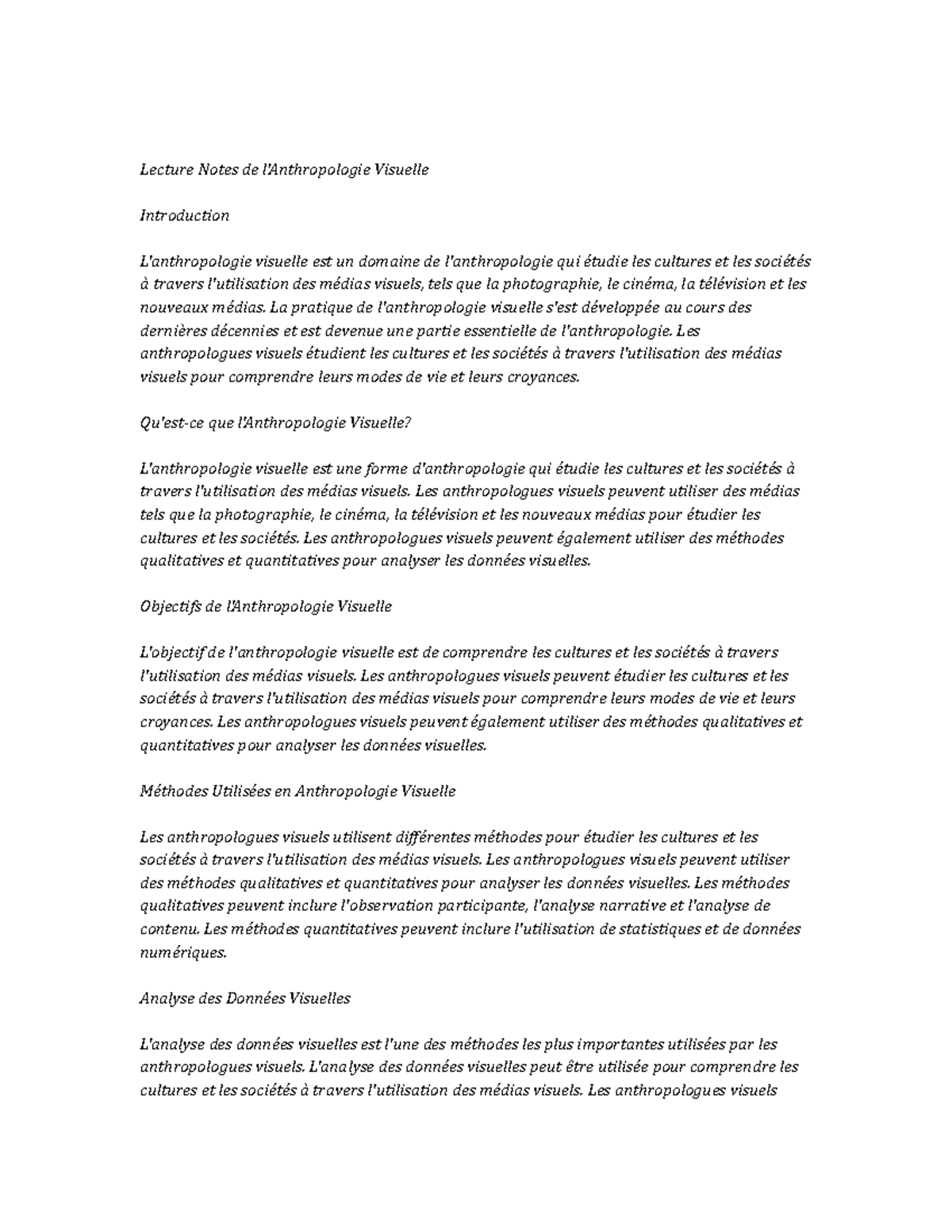 Visual Anthropology Notes de cours - Lecture Notes de l'Anthropologie ...