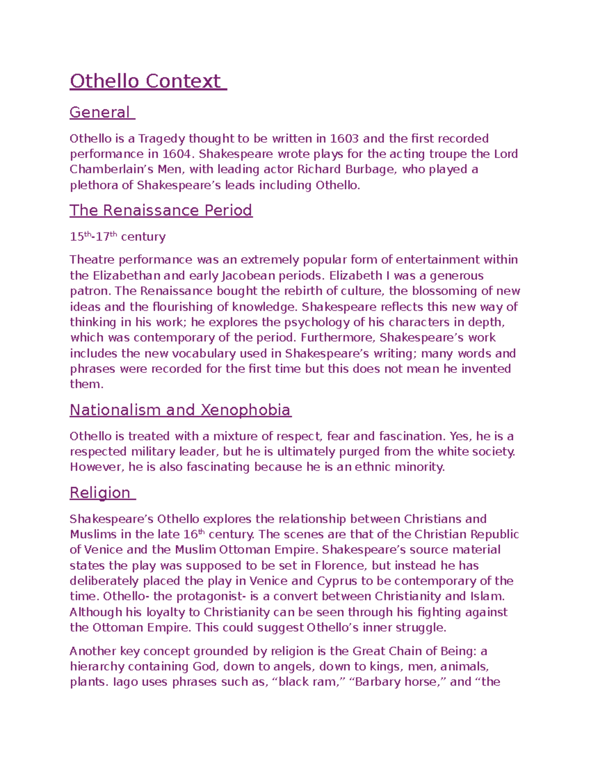 Othello Context - Othello Context General Othello is a Tragedy thought ...