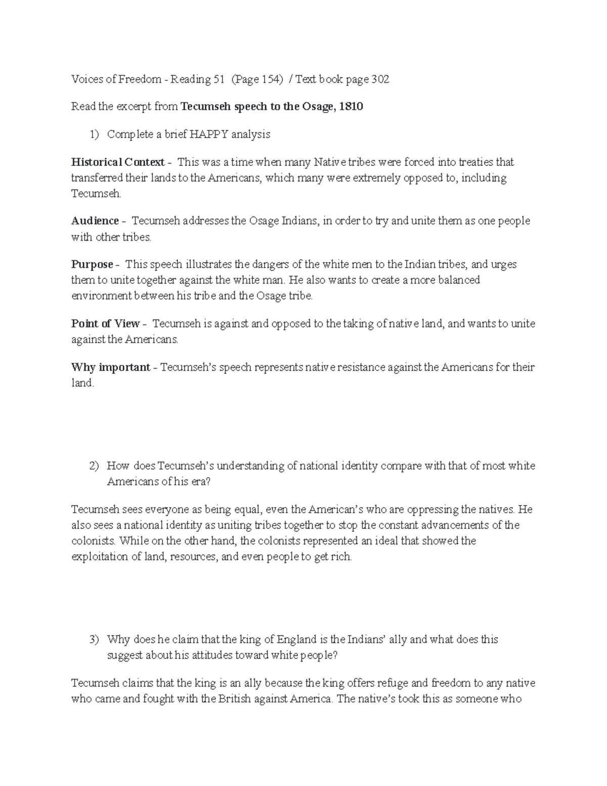 Tecumseh Reading and Questions - Voices of Freedom - Reading 51 (Page ...