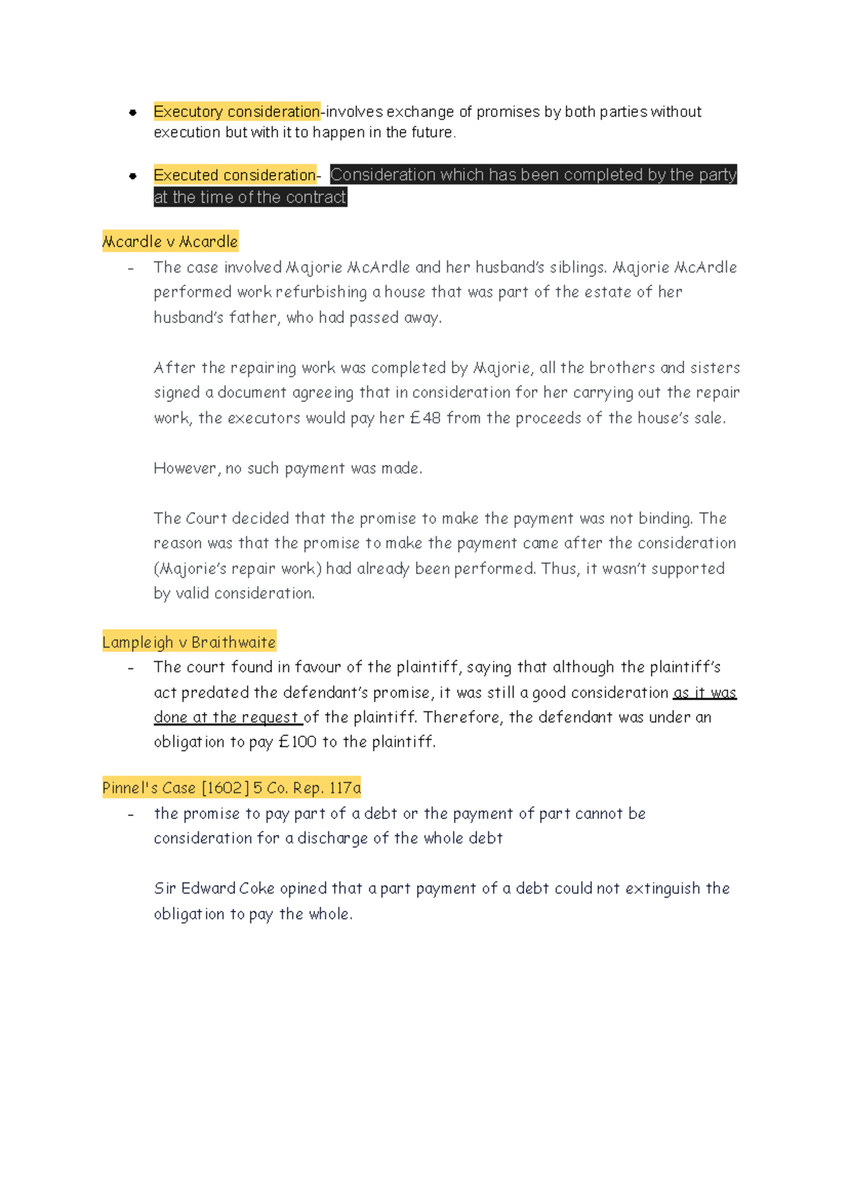 Law Consideration - Executory consideration-involves exchange of ...