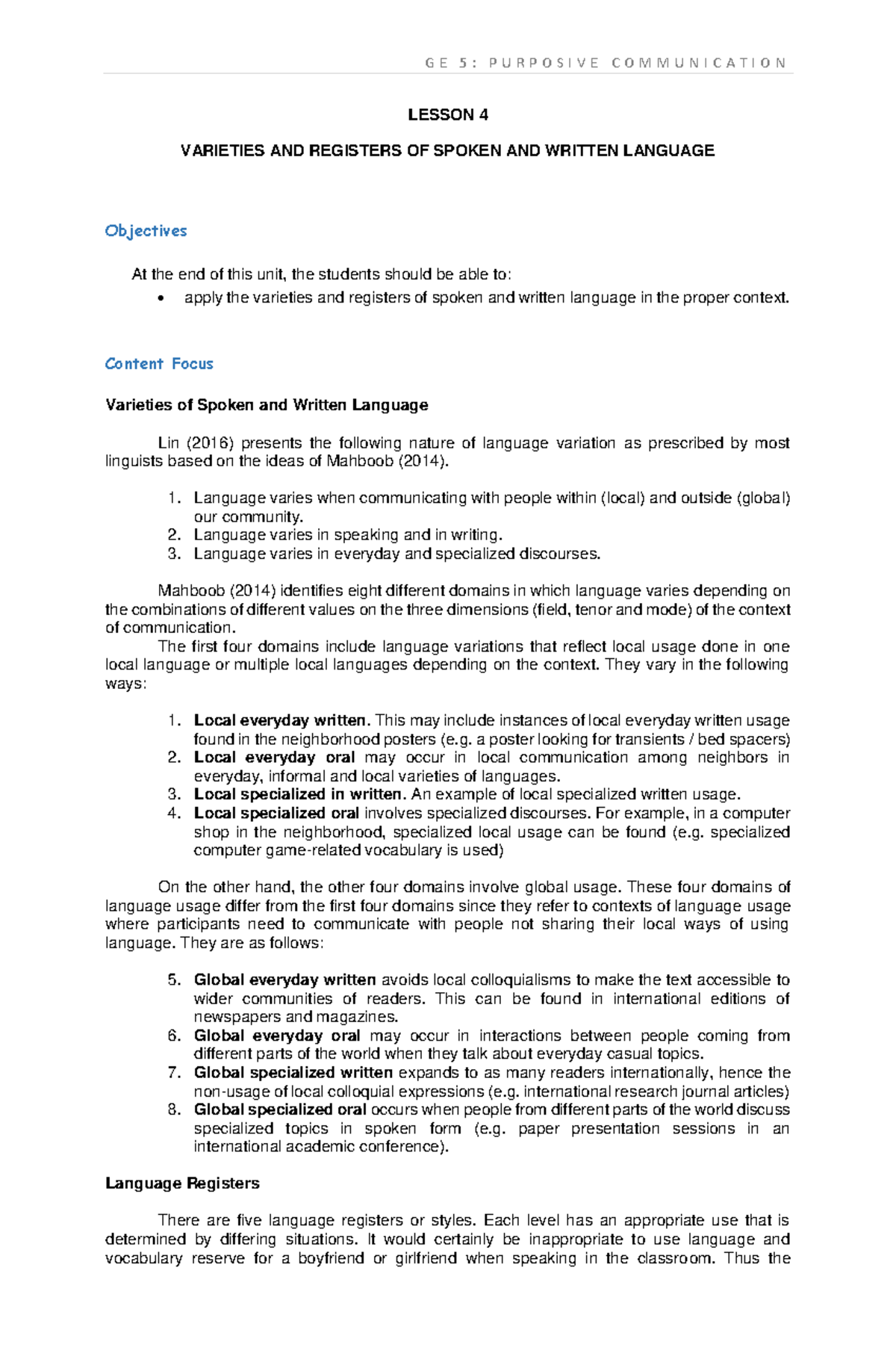 Lesson 4 - Varieties and Registers of Spoken and Written Language - G E ...