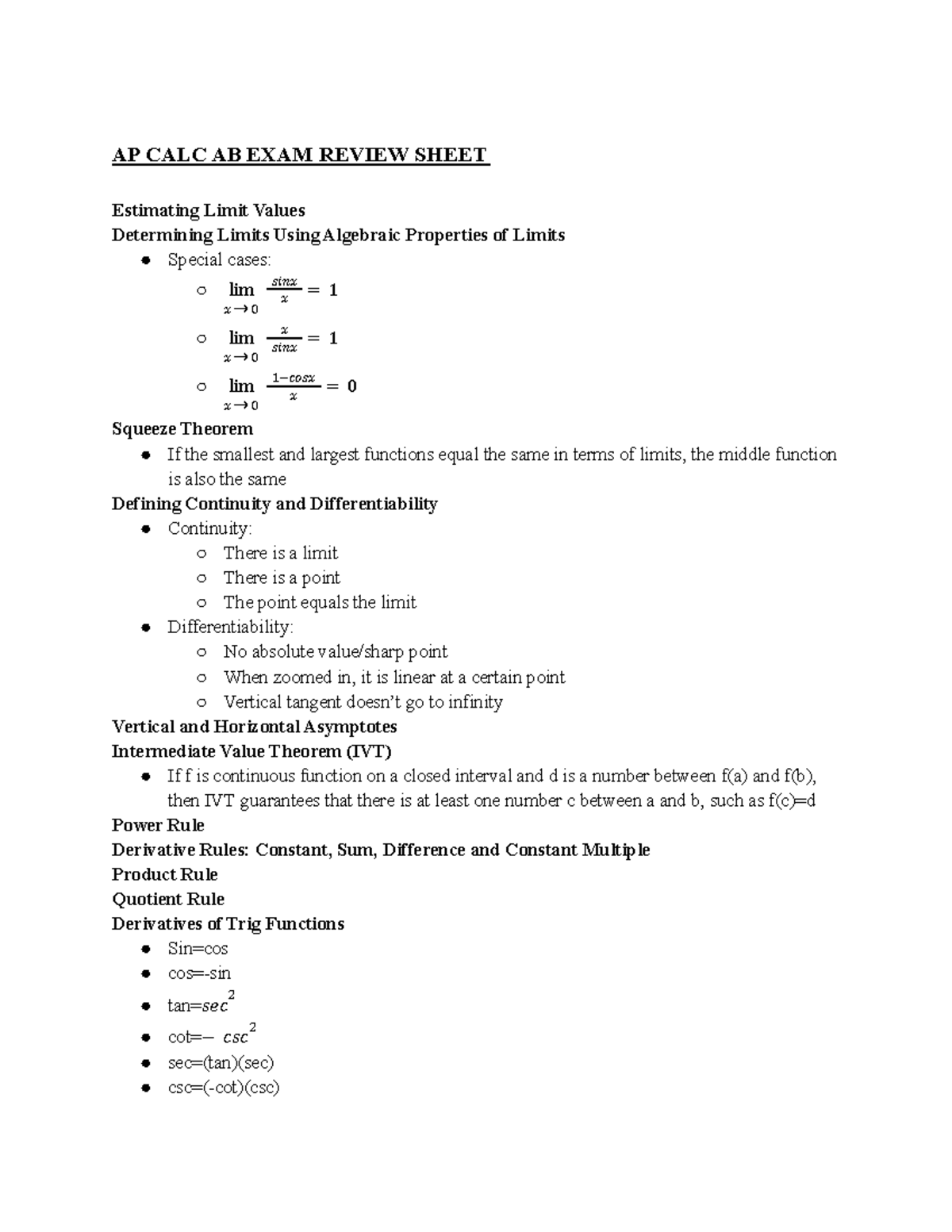 AP Calc Notes - review for 2022 AP exam, including topic and brief ...