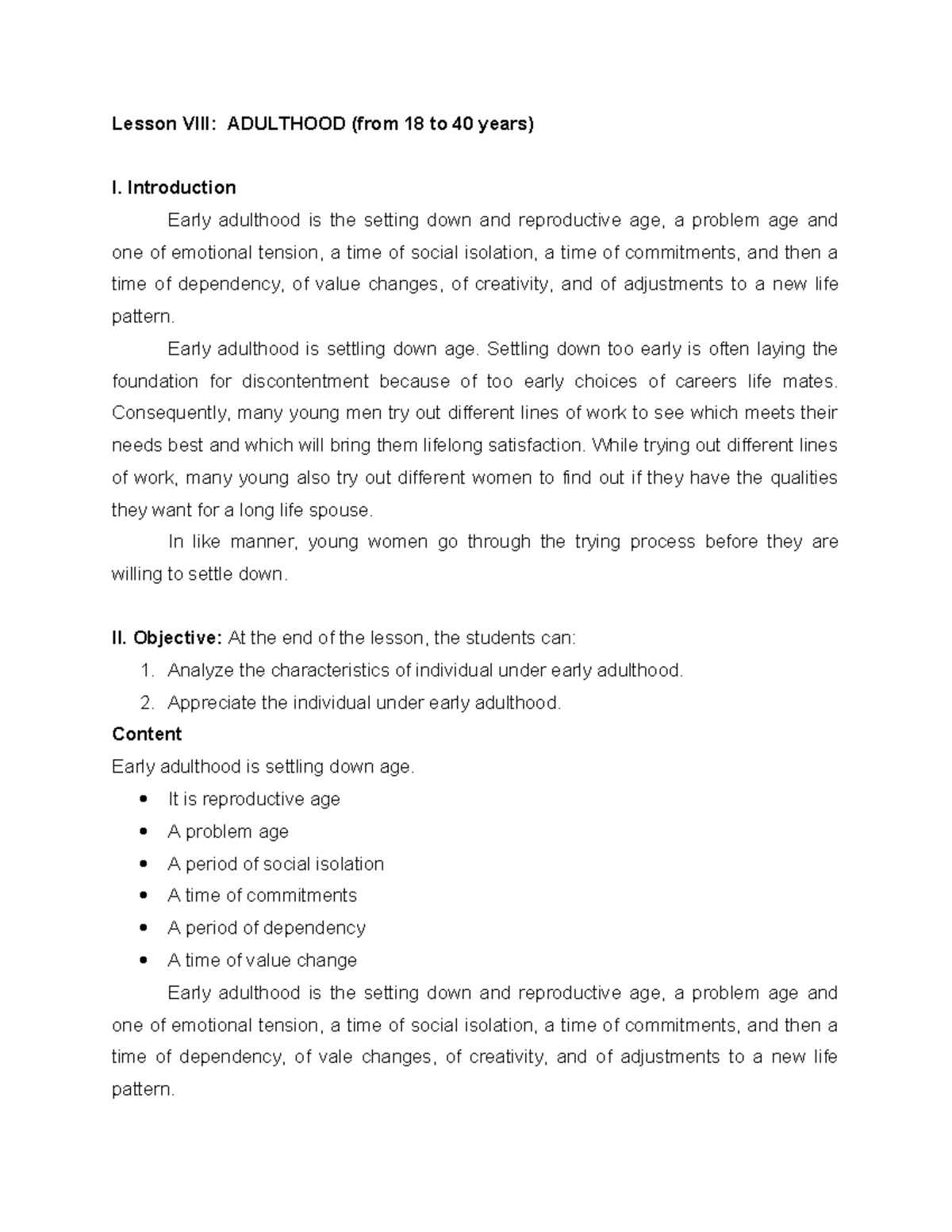 Final-Exam - Lesson VIII: ADULTHOOD (from 18 to 40 years) I ...