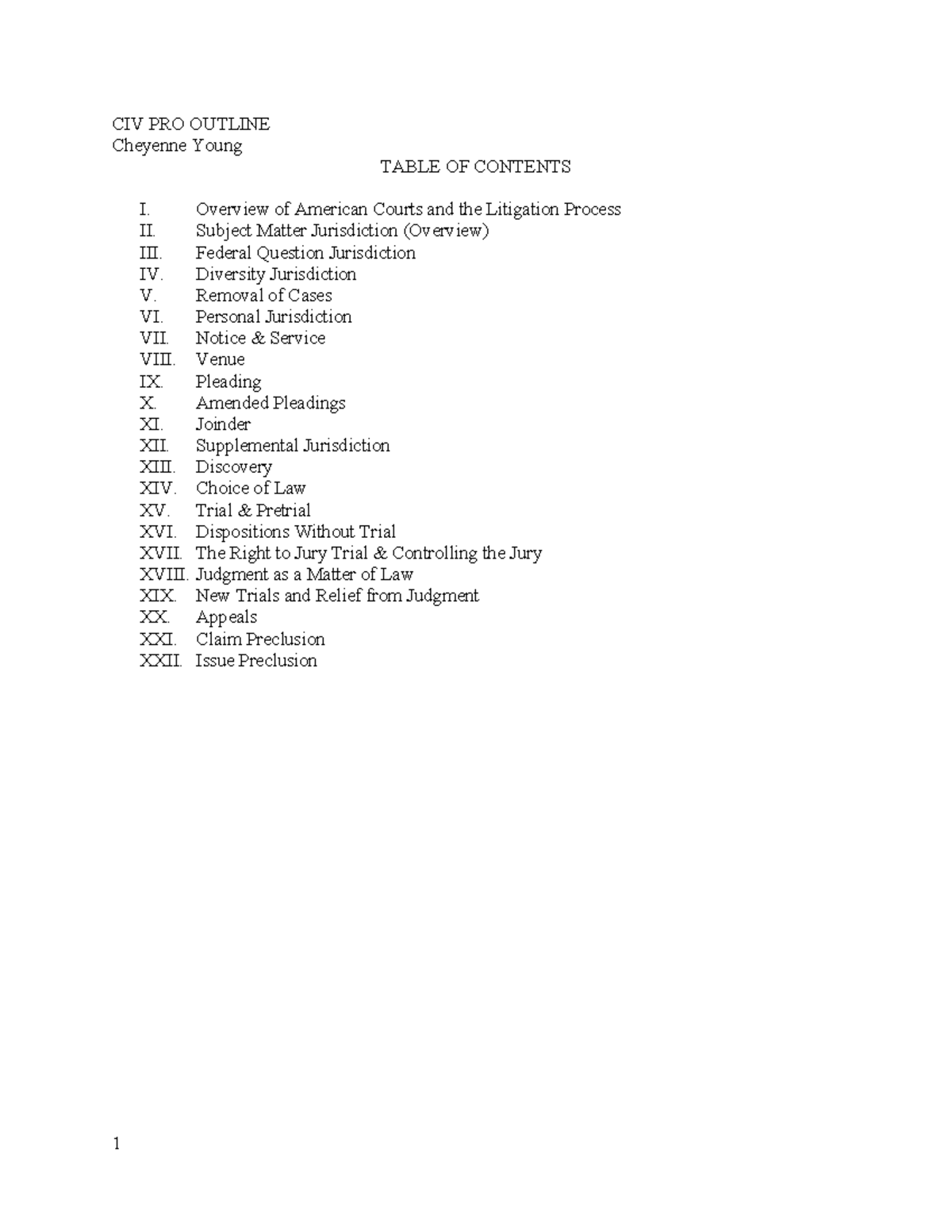 Civ Pro Outline - CIV PRO OUTLINE Cheyenne Young TABLE OF CONTENTS I ...