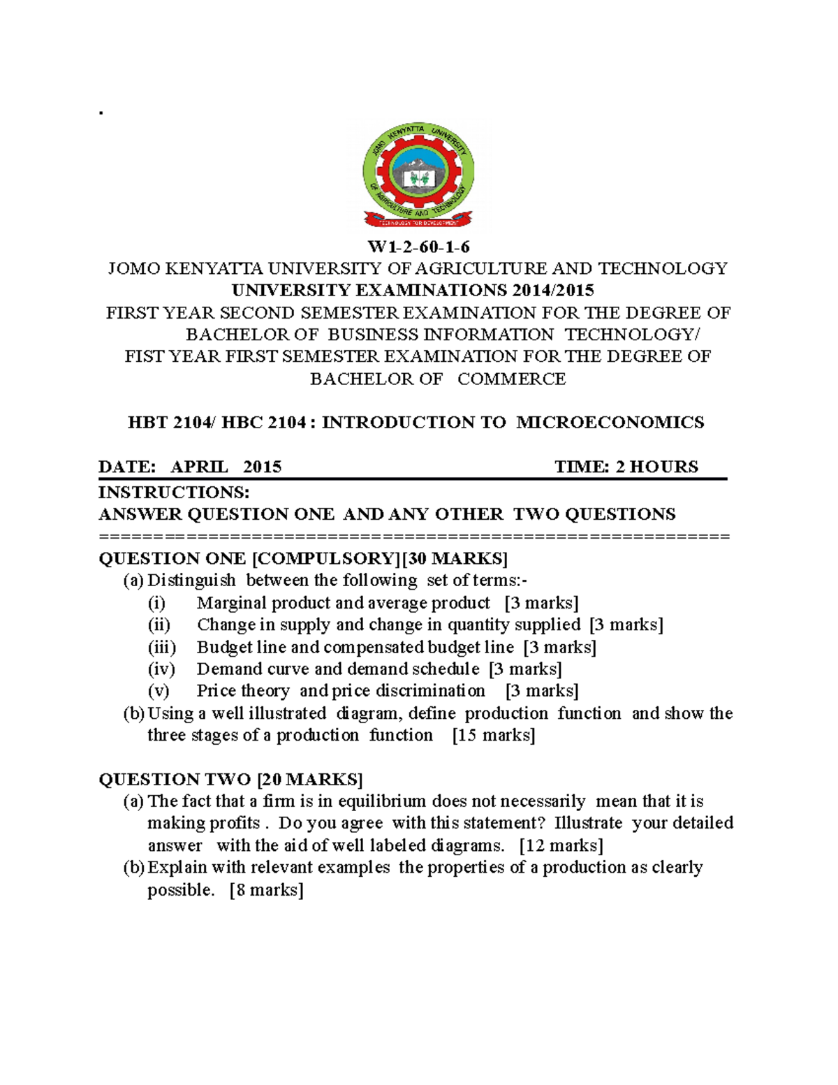 HBT 2104, HBC 2104 Introduction TO Microeconomics - . W1-2-60-1- JOMO KENYATTA UNIVERSITY OF ...