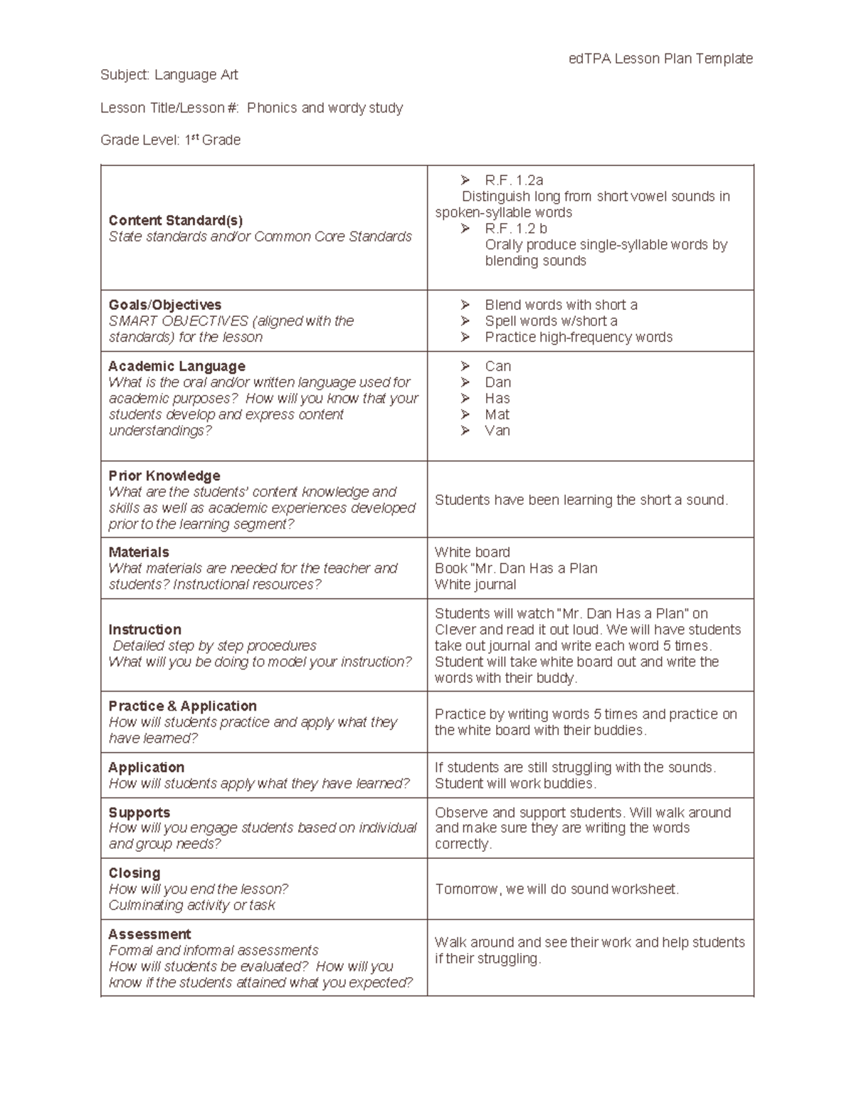 Week 4 lesson plan - edTPA Lesson Plan Template Subject: Language Art ...