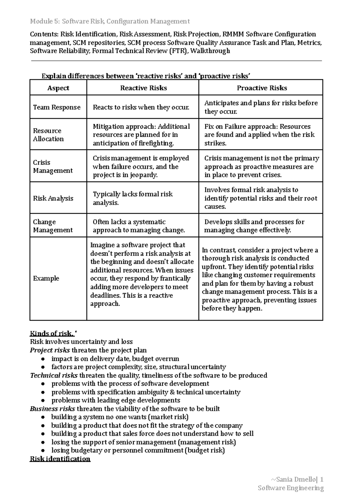 SE Module 5 - Contents: Risk Identification, Risk Assessment, Risk Projection, RMMM Software ...