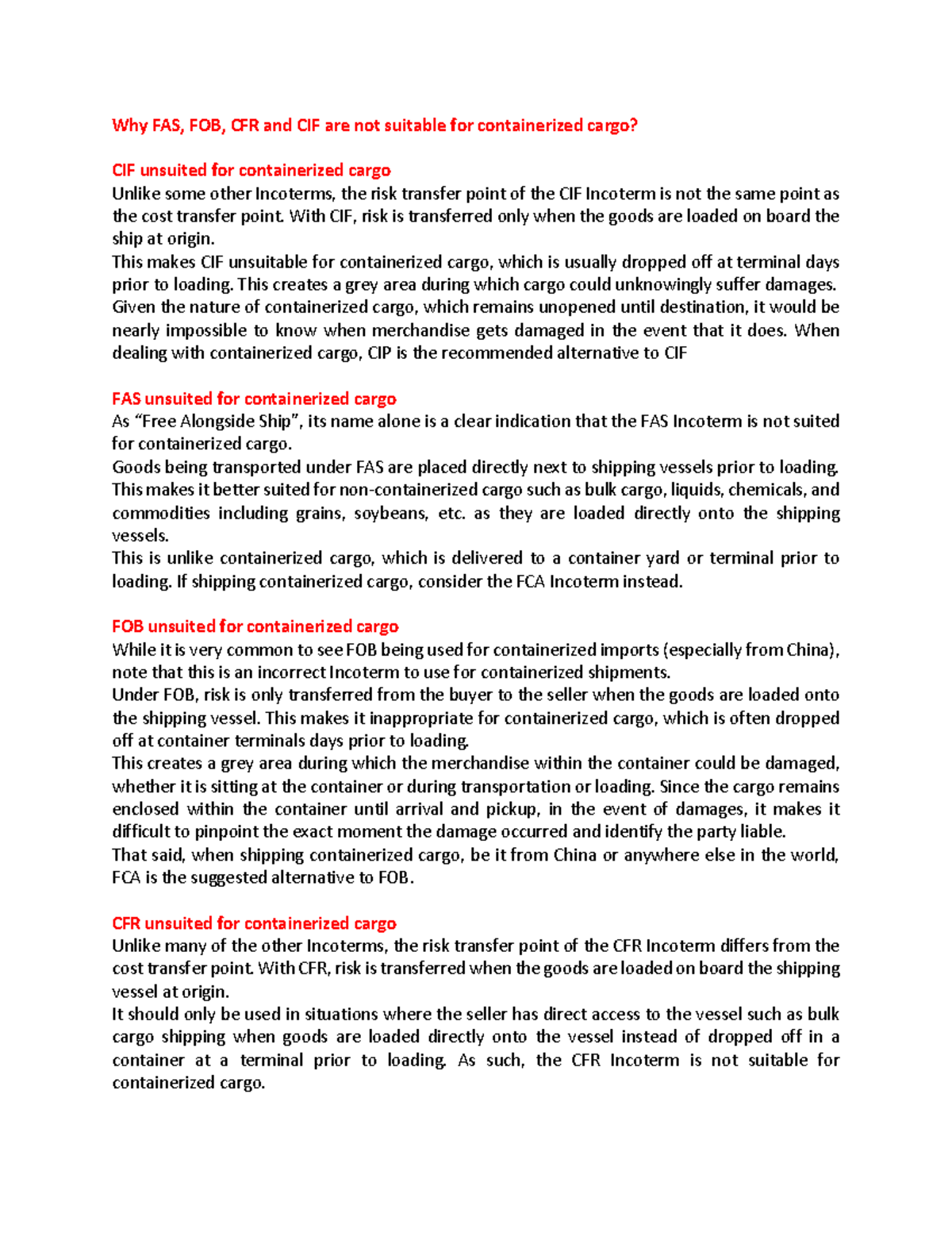 Unit 2 FAS FOB CFR CIF - Why FAS, FOB, CFR and CIF are not suitable for ...
