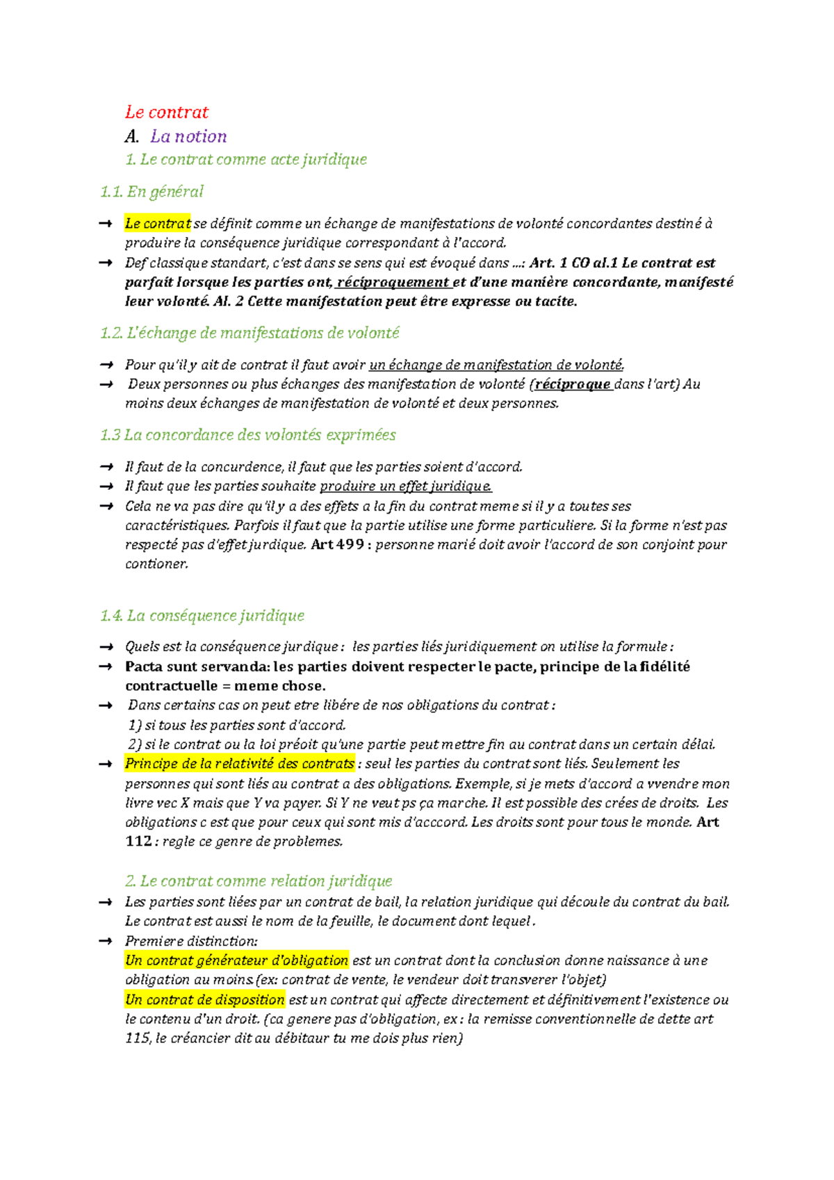 Le contrat - La notion 1. Le contrat comme acte juridique 1. En général ...