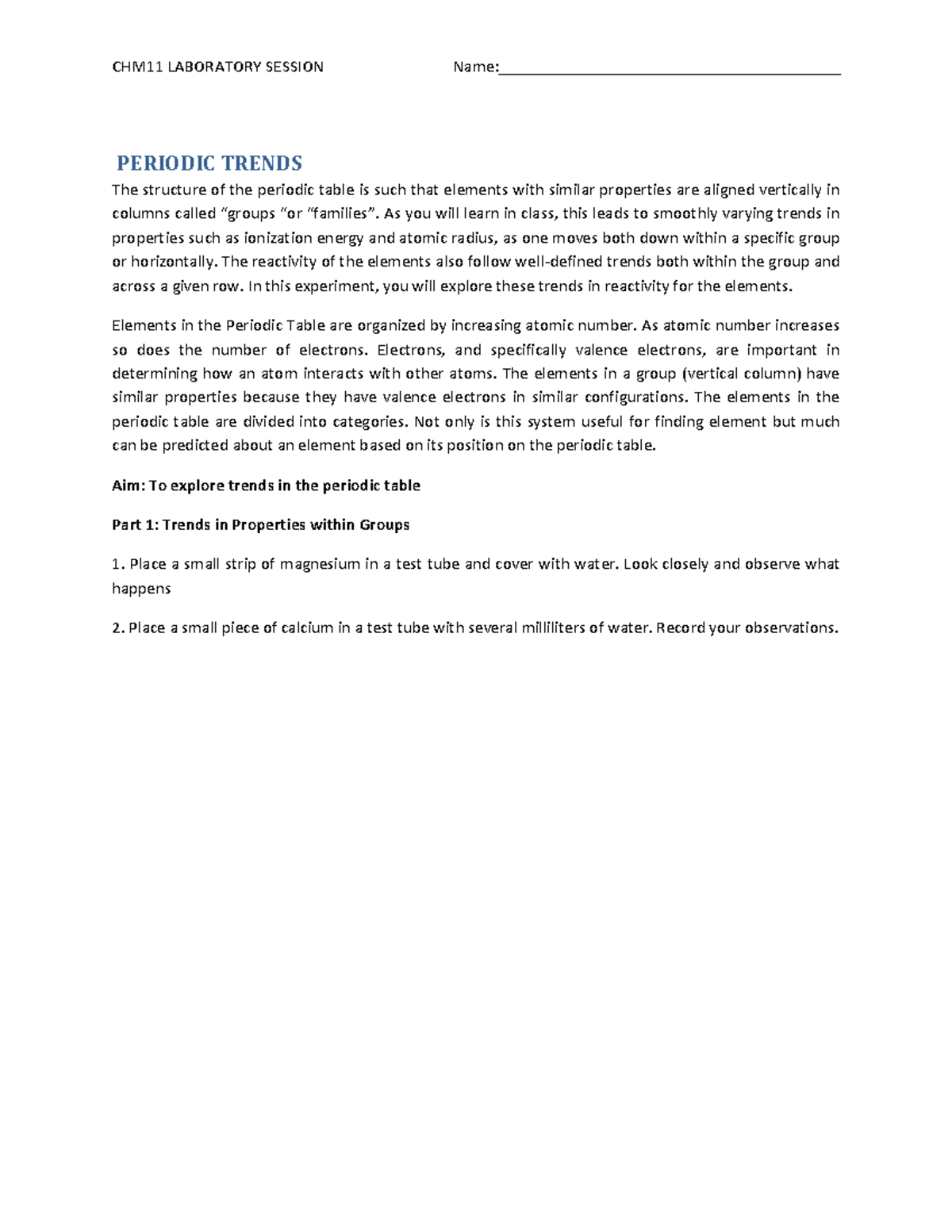 Periodic Trends - CHM11 LABORATORY SESSION Name: PERIODIC TRENDS The ...