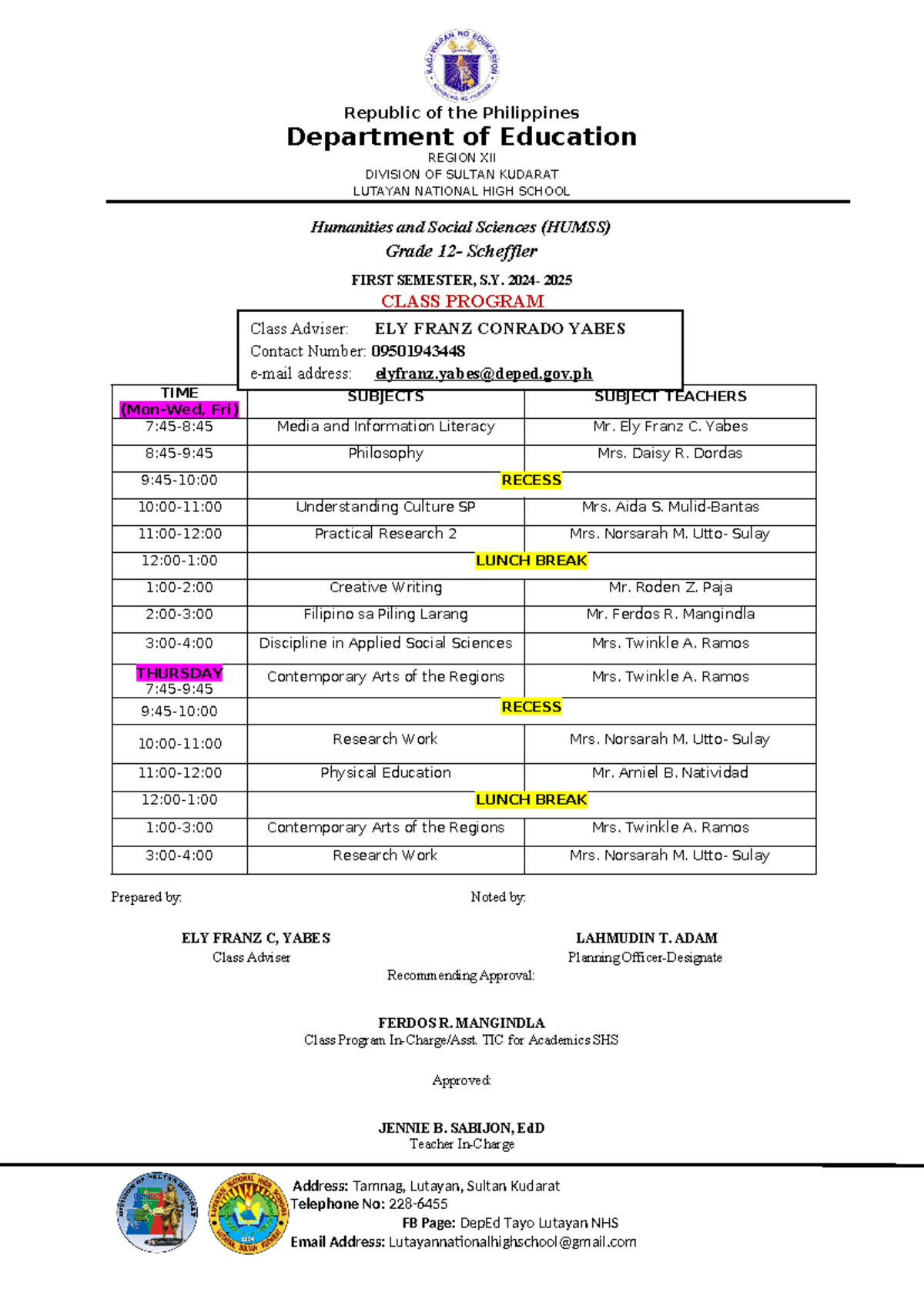 Final Class Program-2024-2025 - Republic of the Philippines Department of Education REGION XII ...