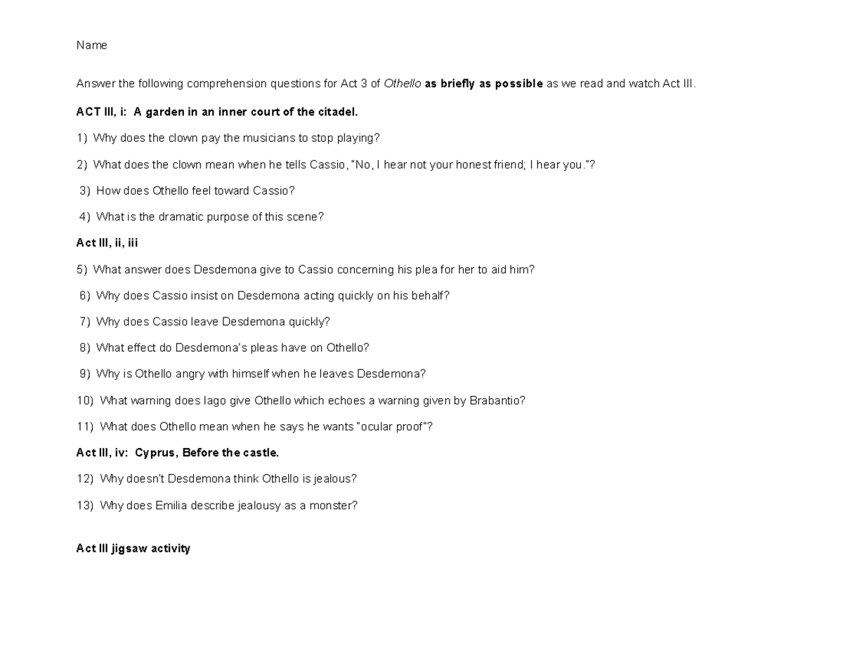 Activity 3.12 act 3 Othello - Name Answer the following comprehension ...