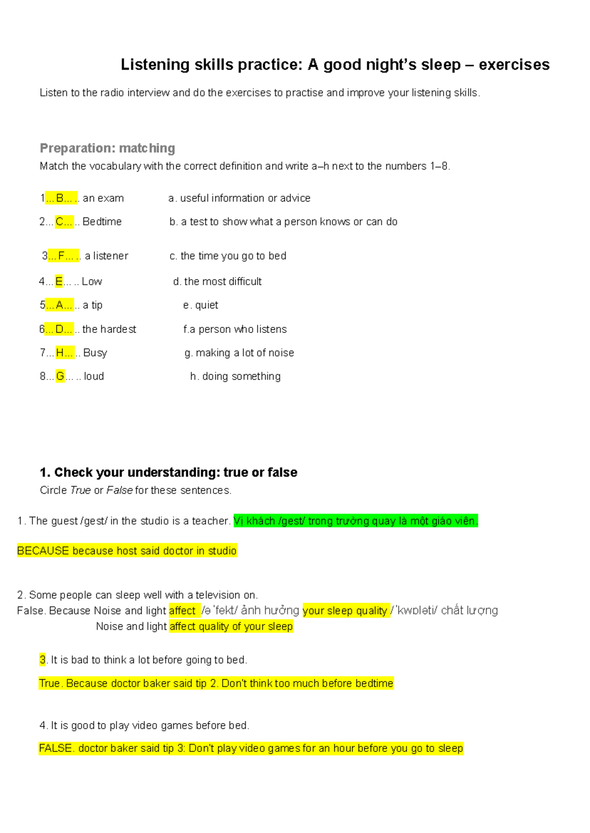 A good nights sleep - exercises 0 - Listening skills practice: A good ...