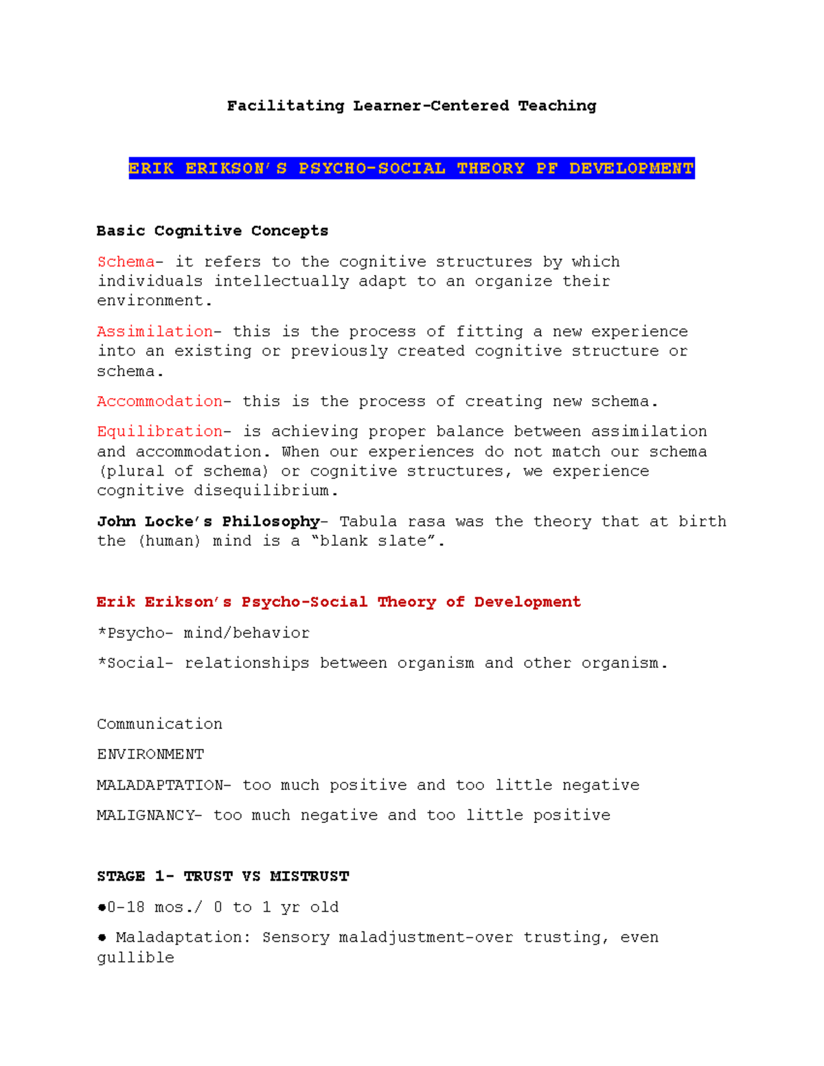 ERIK Erikson’S Psycho- Social Theory PF Development - Facilitating ...