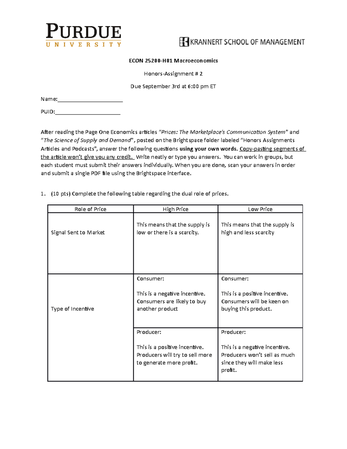 Honors Assignment POE#2 - ECON 25200-H01 Macroeconomics Honors ...