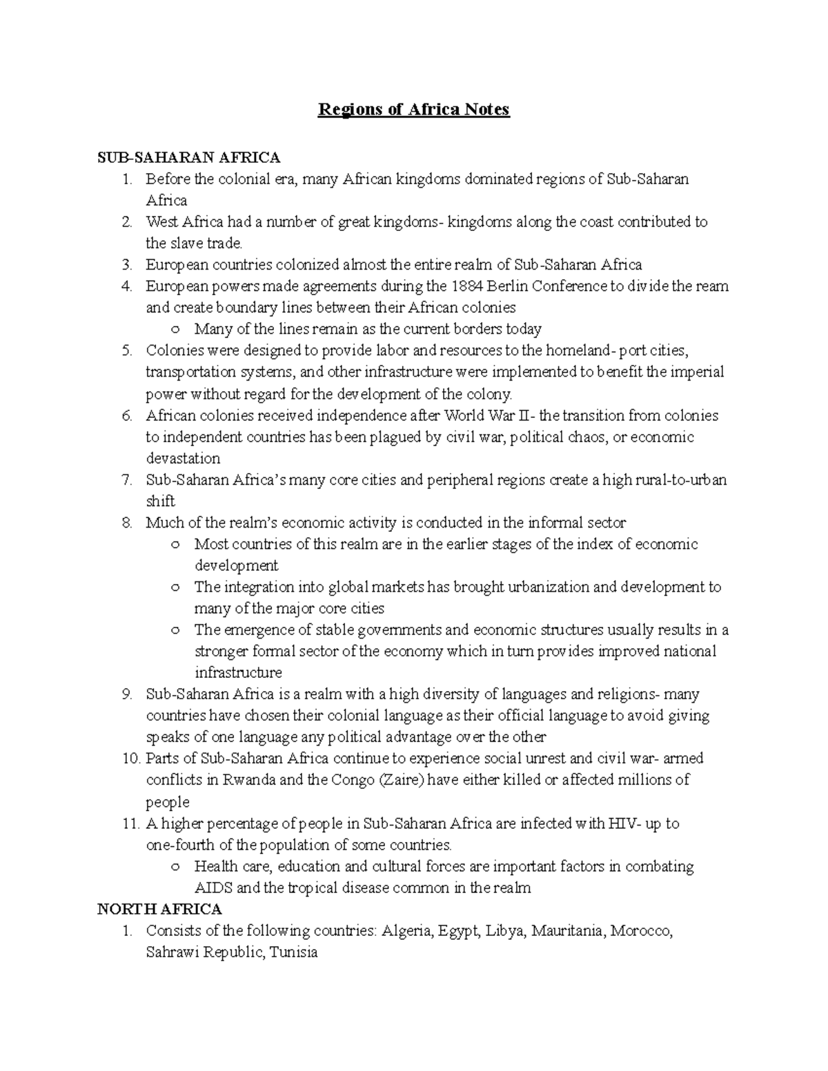 Regions of Africa Notes - Regions of Africa Notes SUB-SAHARAN AFRICA ...