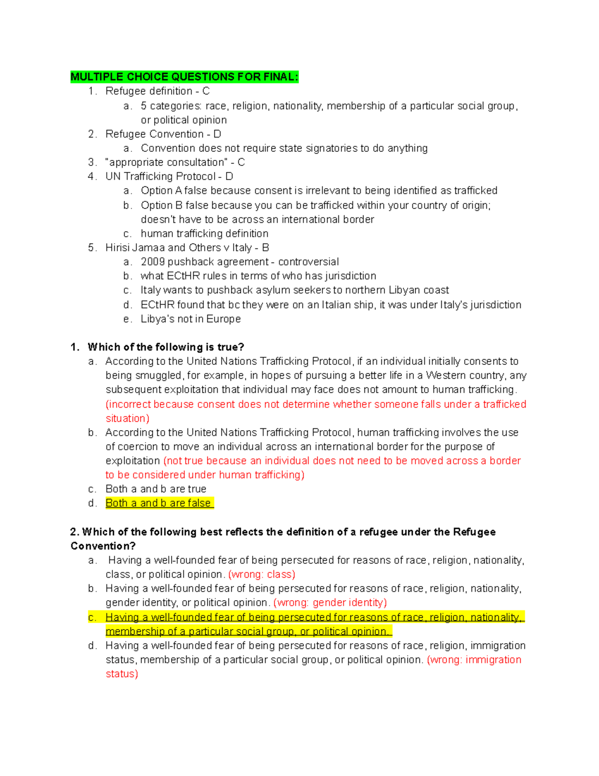 Final Study Guide - MULTIPLE CHOICE QUESTIONS FOR FINAL: Refugee ...
