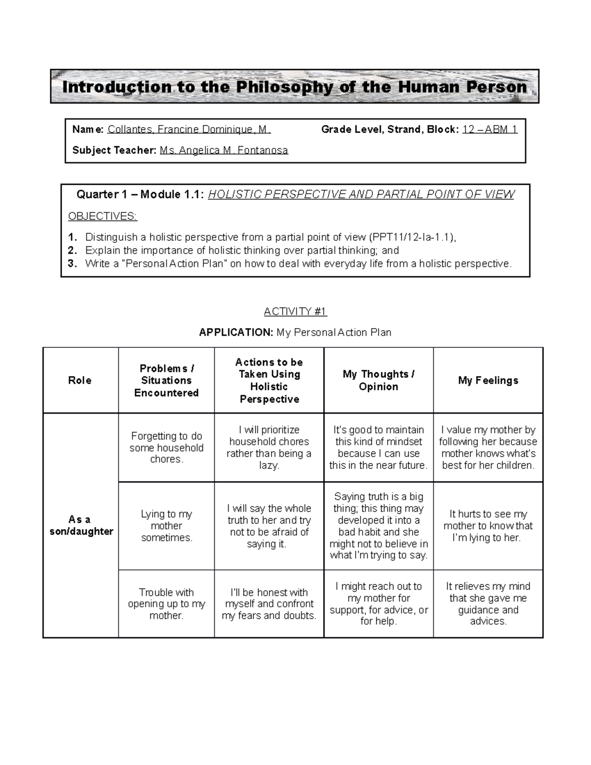 Introduction to the Philosophy of the Human Person - ACTIVITY ...