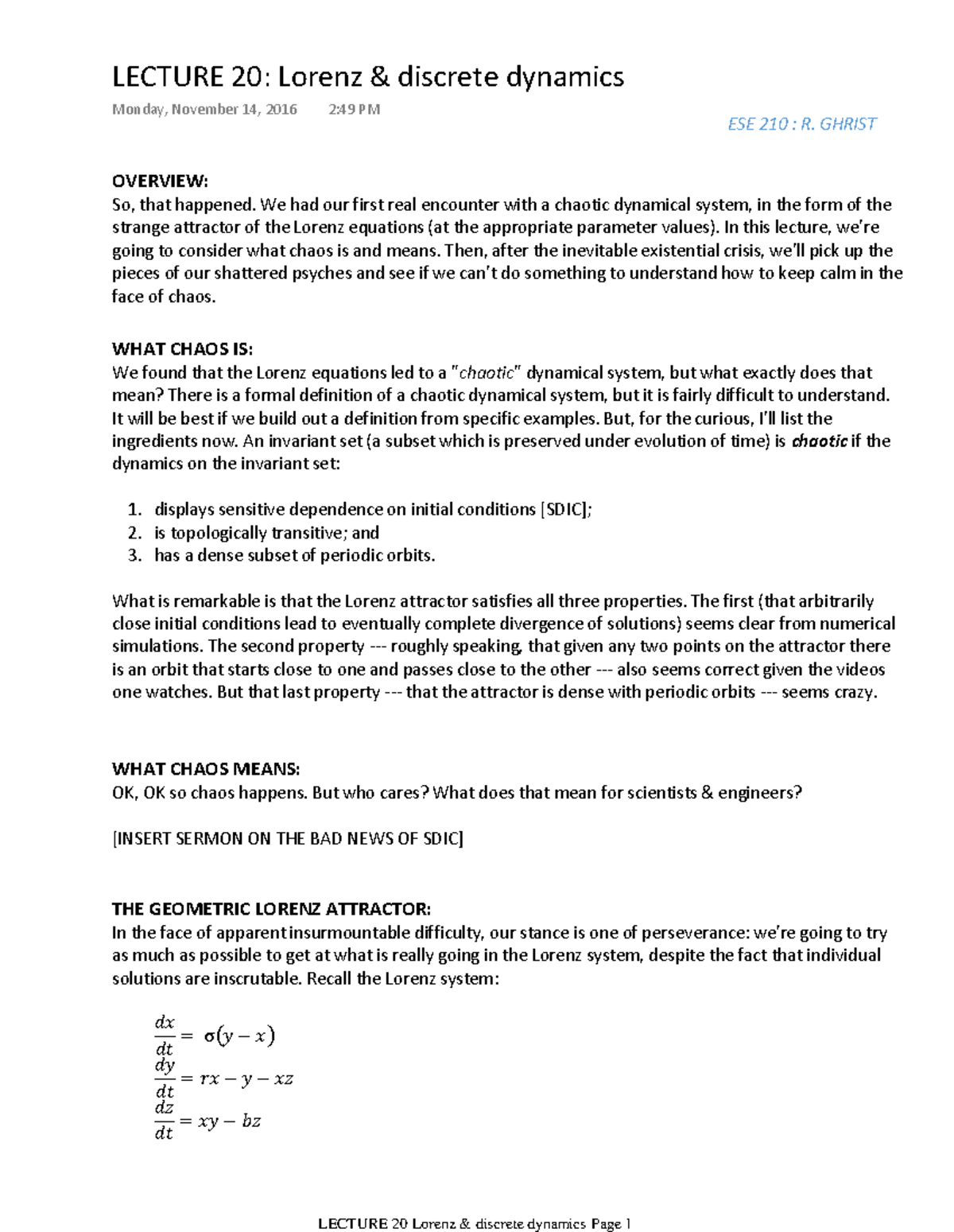 Lecture 20 Lorenz And Discrete Dynamics 1 Overview So That Happened
