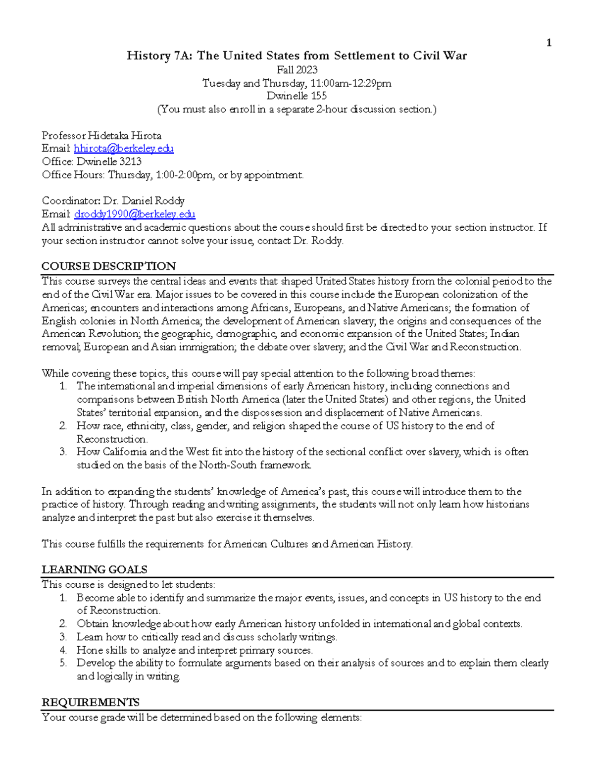 History 7A Syllabus - History 7A: The United States from Settlement to ...