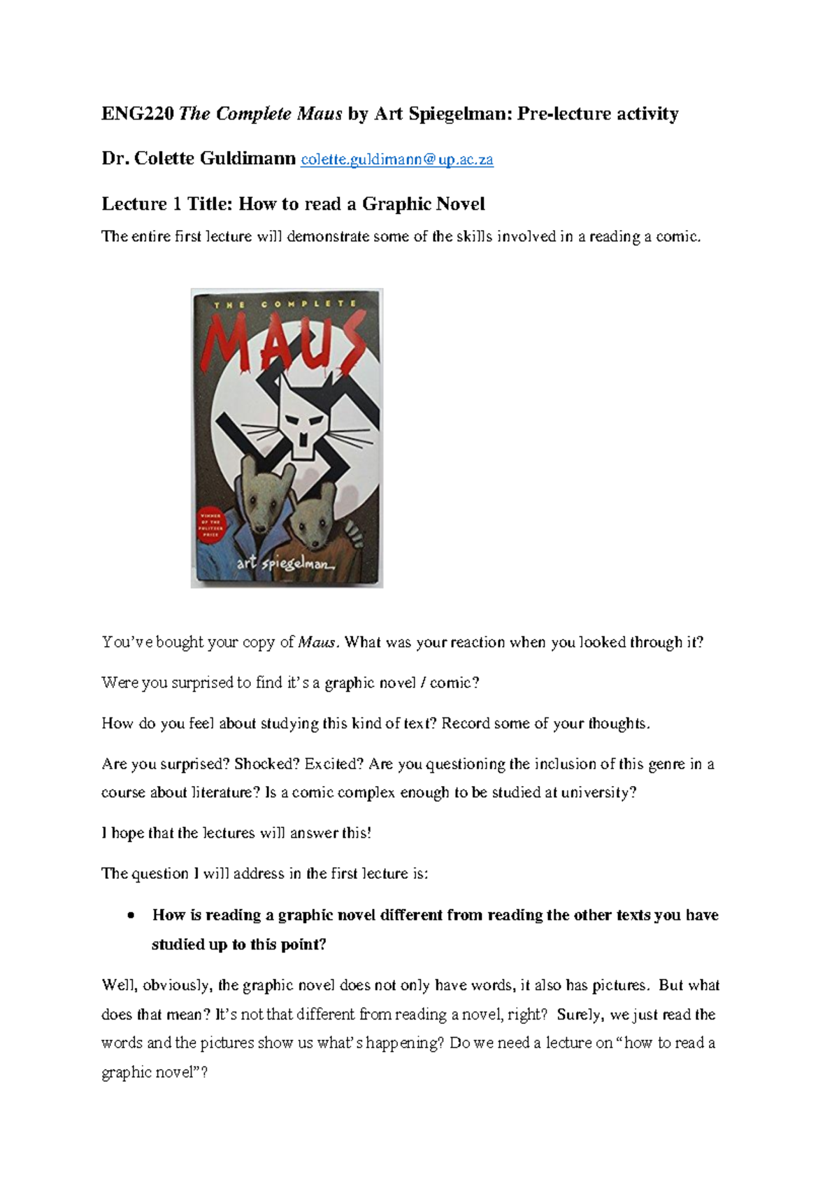 Maus Pre-lecture activity - ENG220 The Complete Maus by Art Spiegelman ...