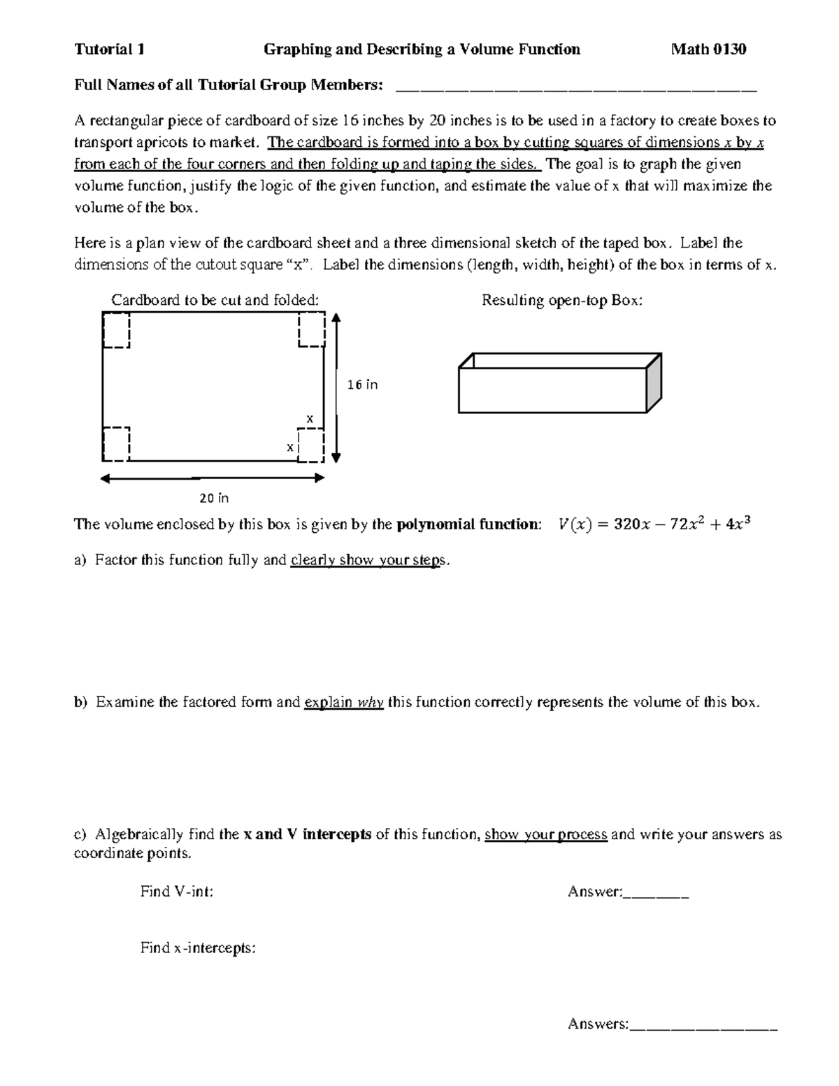 Tutorial 1 Worksheet W2022 - Tutorial 1 Graphing and Describing a Volume Function Math 0130 Full ...